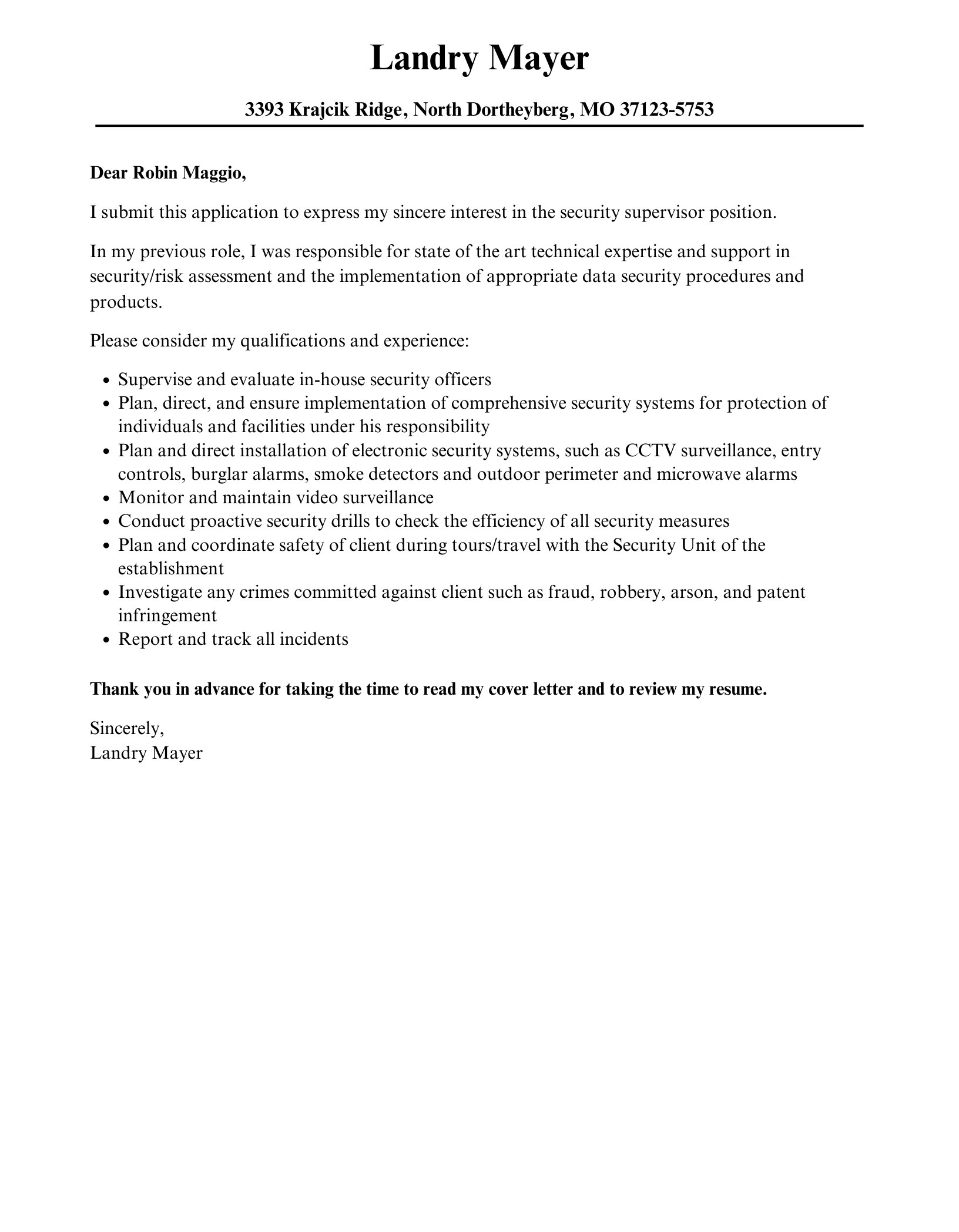 Security Supervisor Cover Letter Velvet Jobs