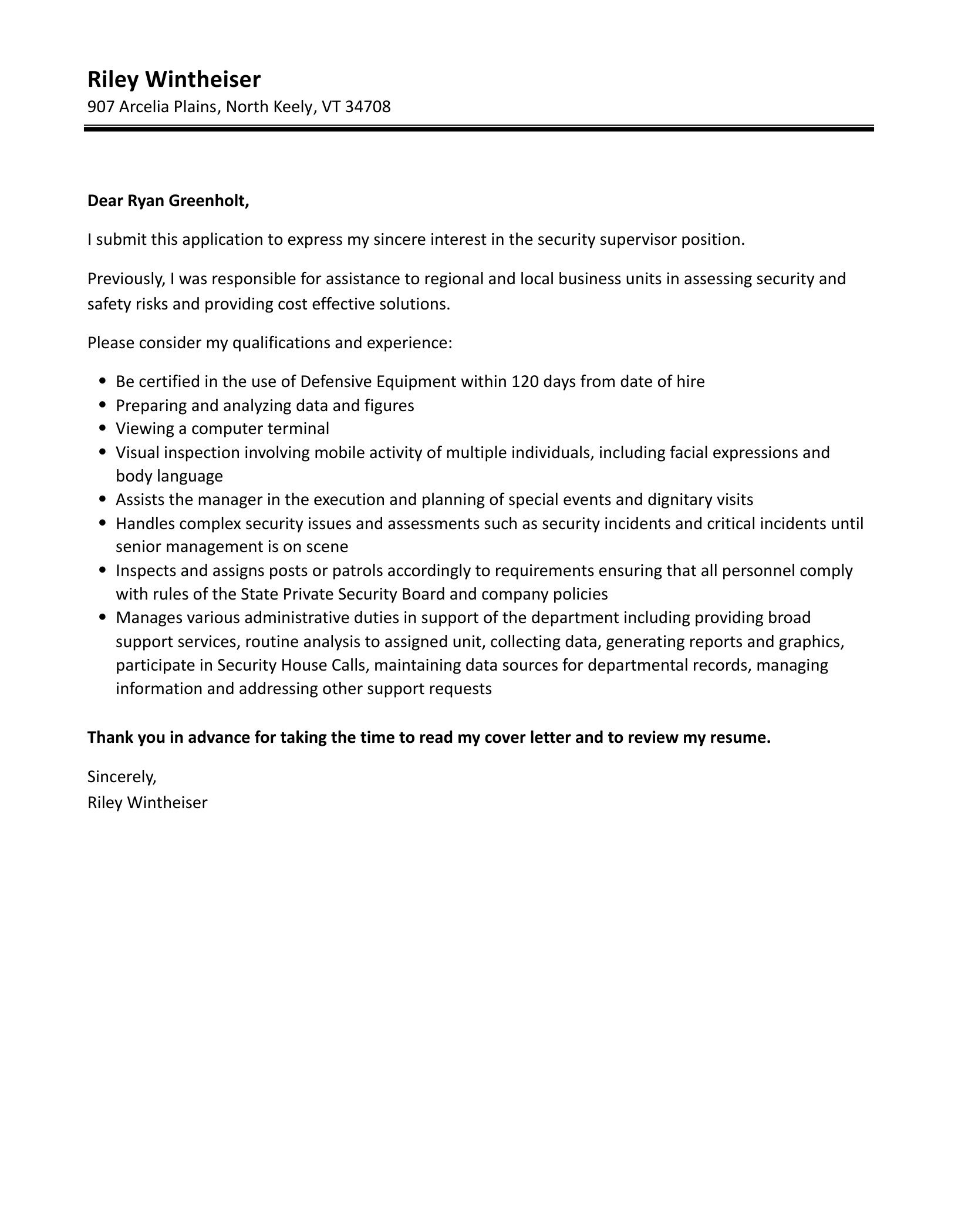 Security Supervisor Cover Letter Velvet Jobs