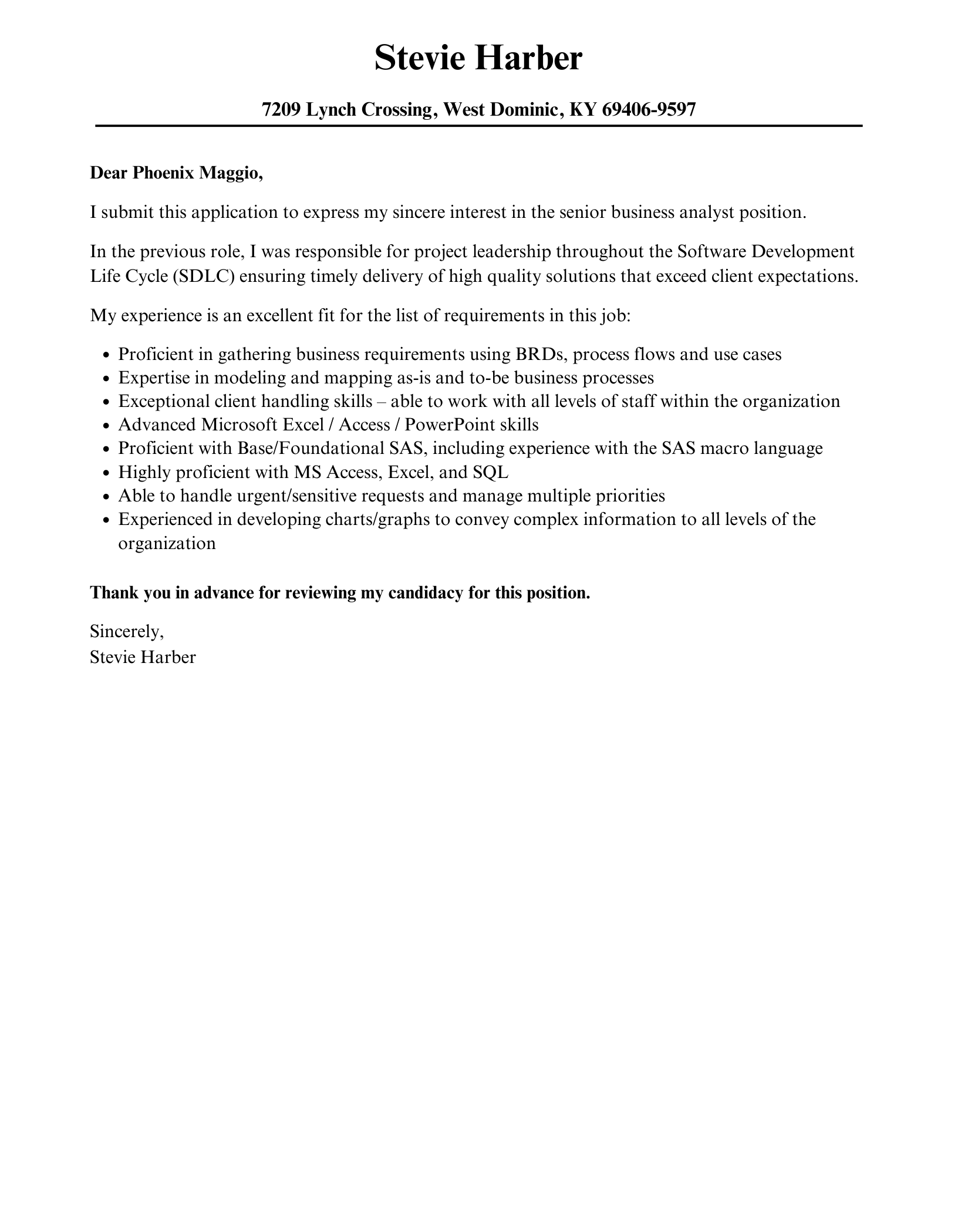 Senior Business Analyst Cover Letter Velvet Jobs