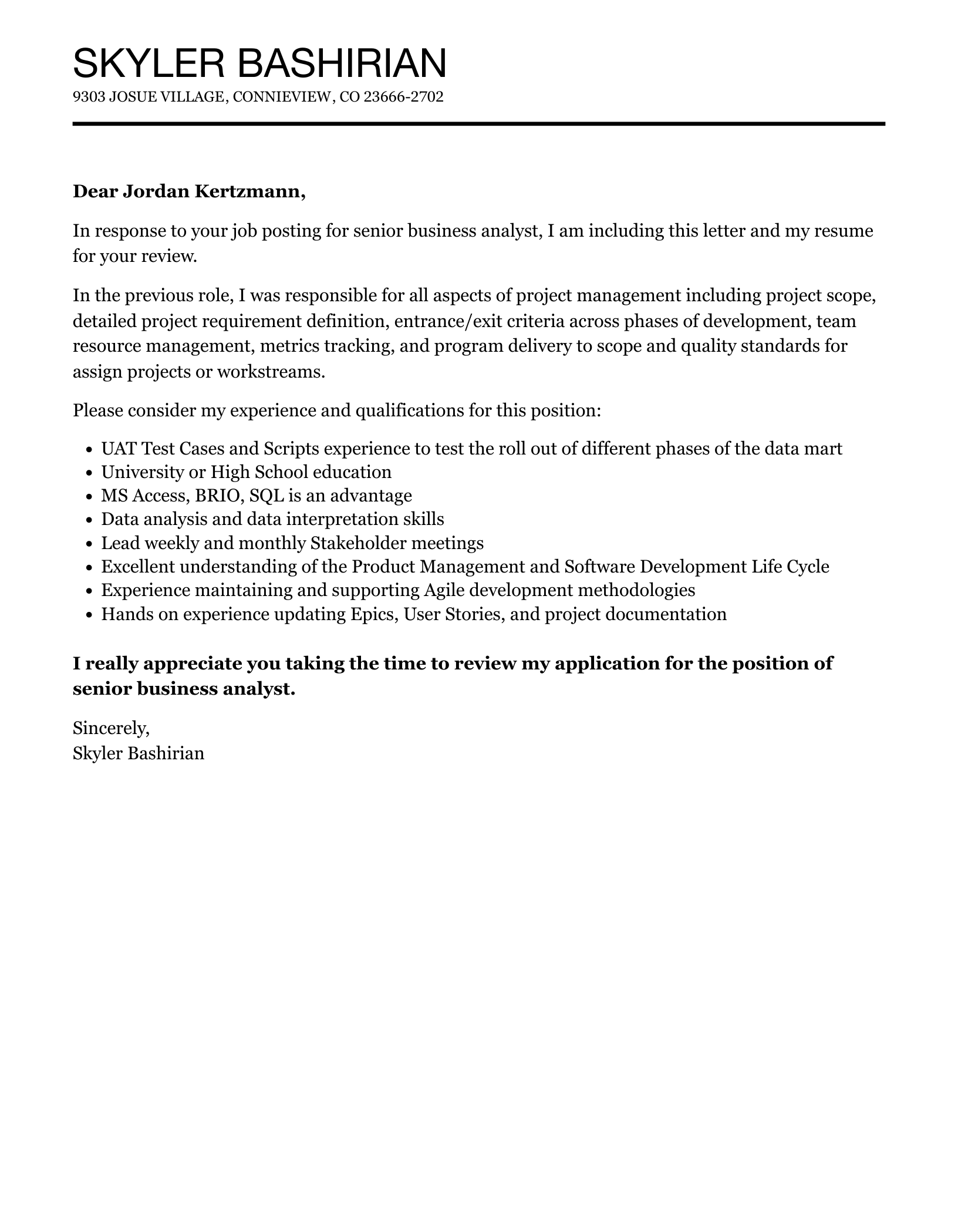 Senior Business Analyst Cover Letter Velvet Jobs