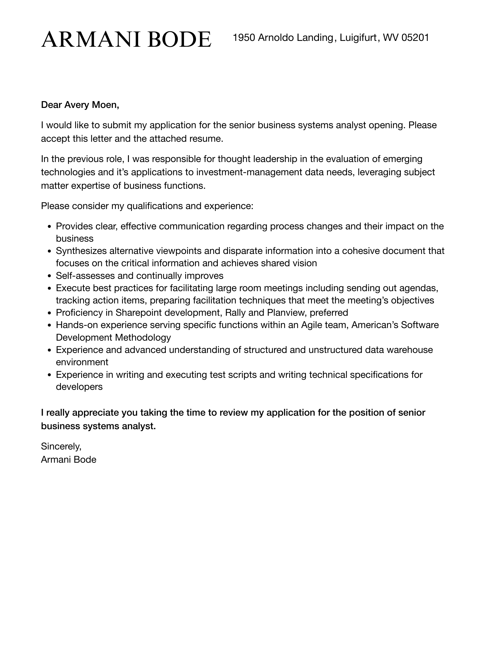 Senior Business Systems Analyst Cover Letter Velvet Jobs