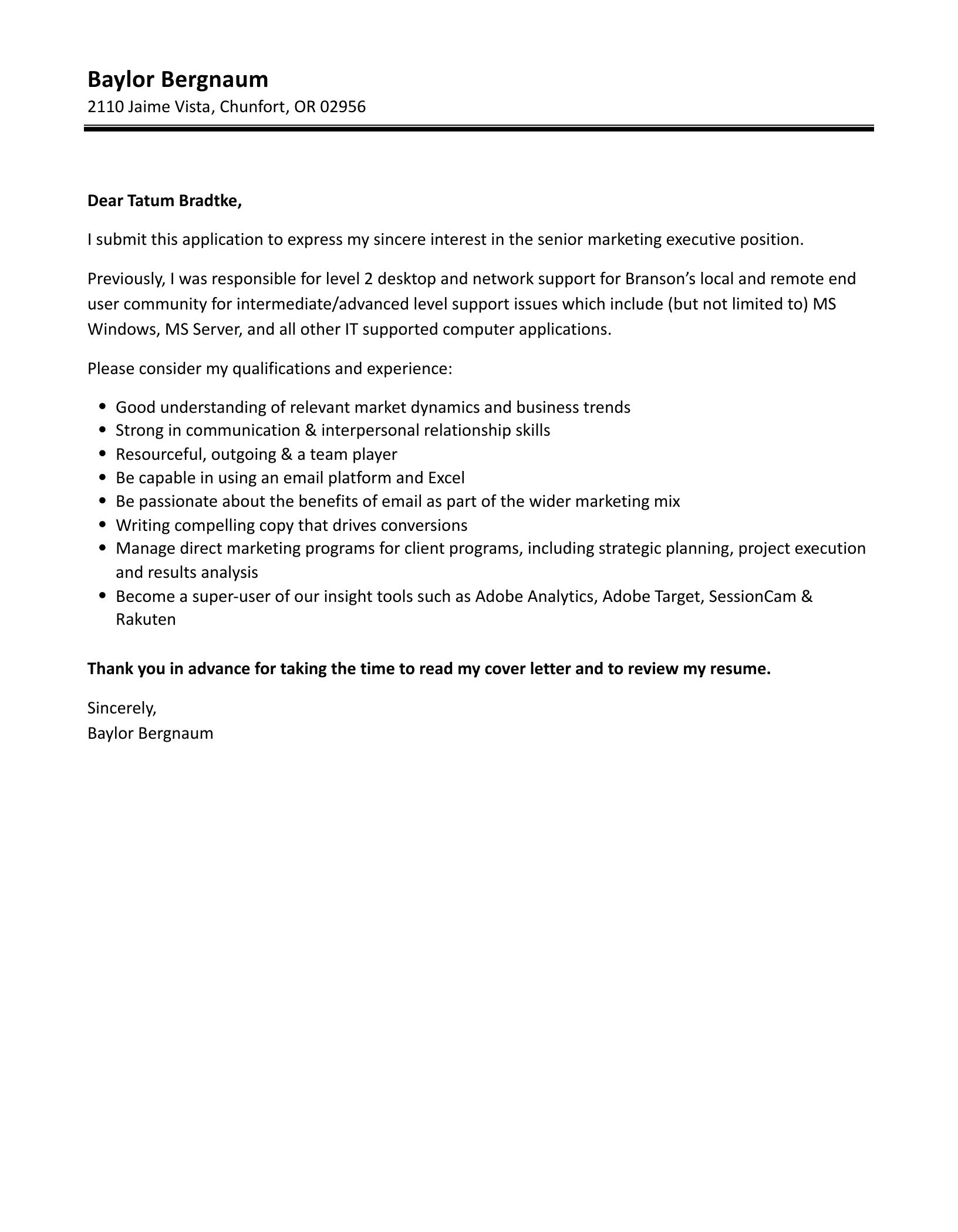 Senior Marketing Executive Cover Letter Velvet Jobs