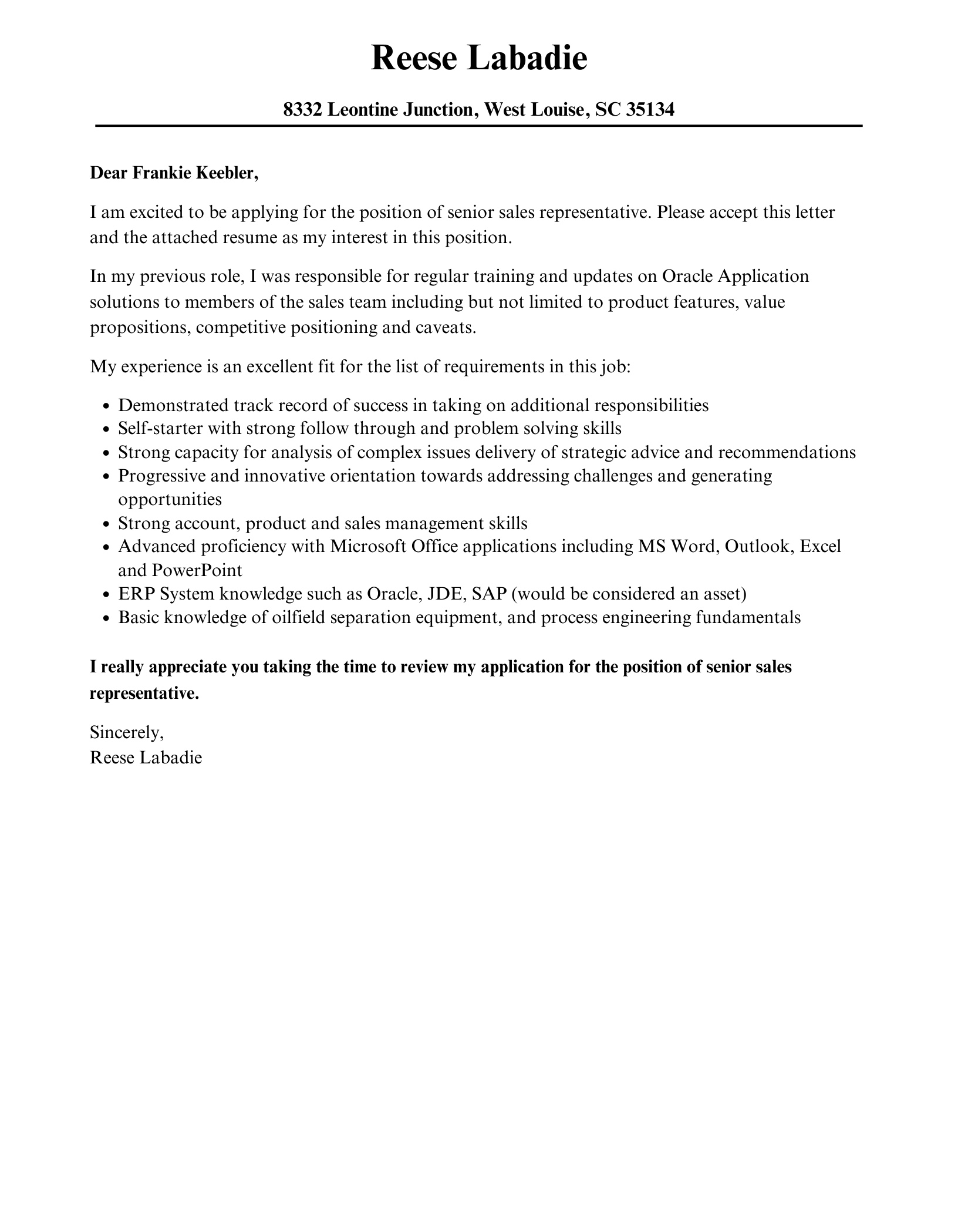 Senior Sales Representative Cover Letter Velvet Jobs