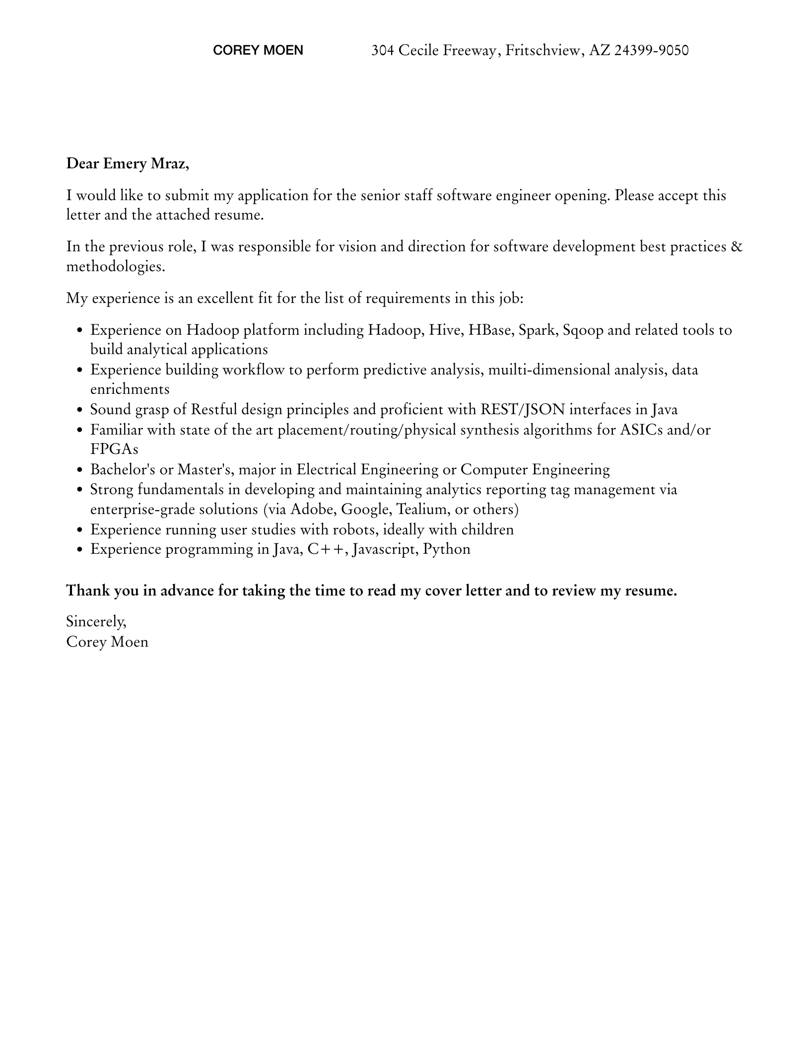Senior Staff Software Engineer Cover Letter Velvet Jobs