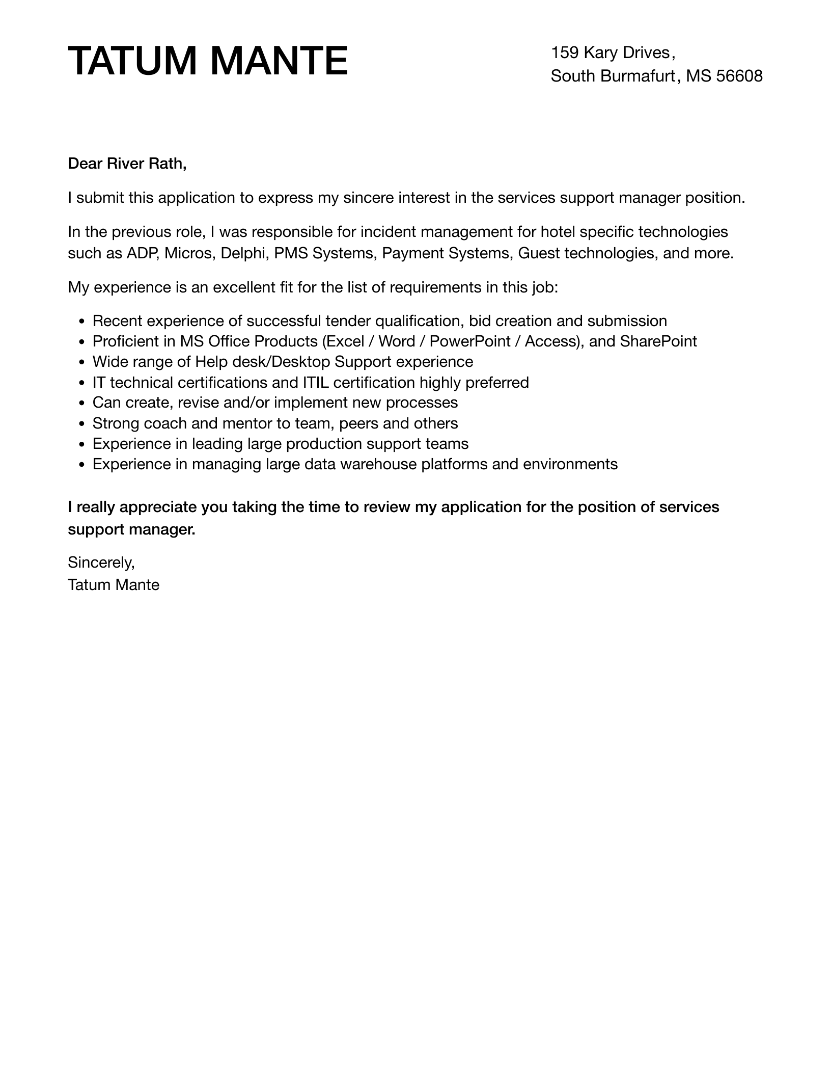 Services Support Manager Cover Letter Velvet Jobs