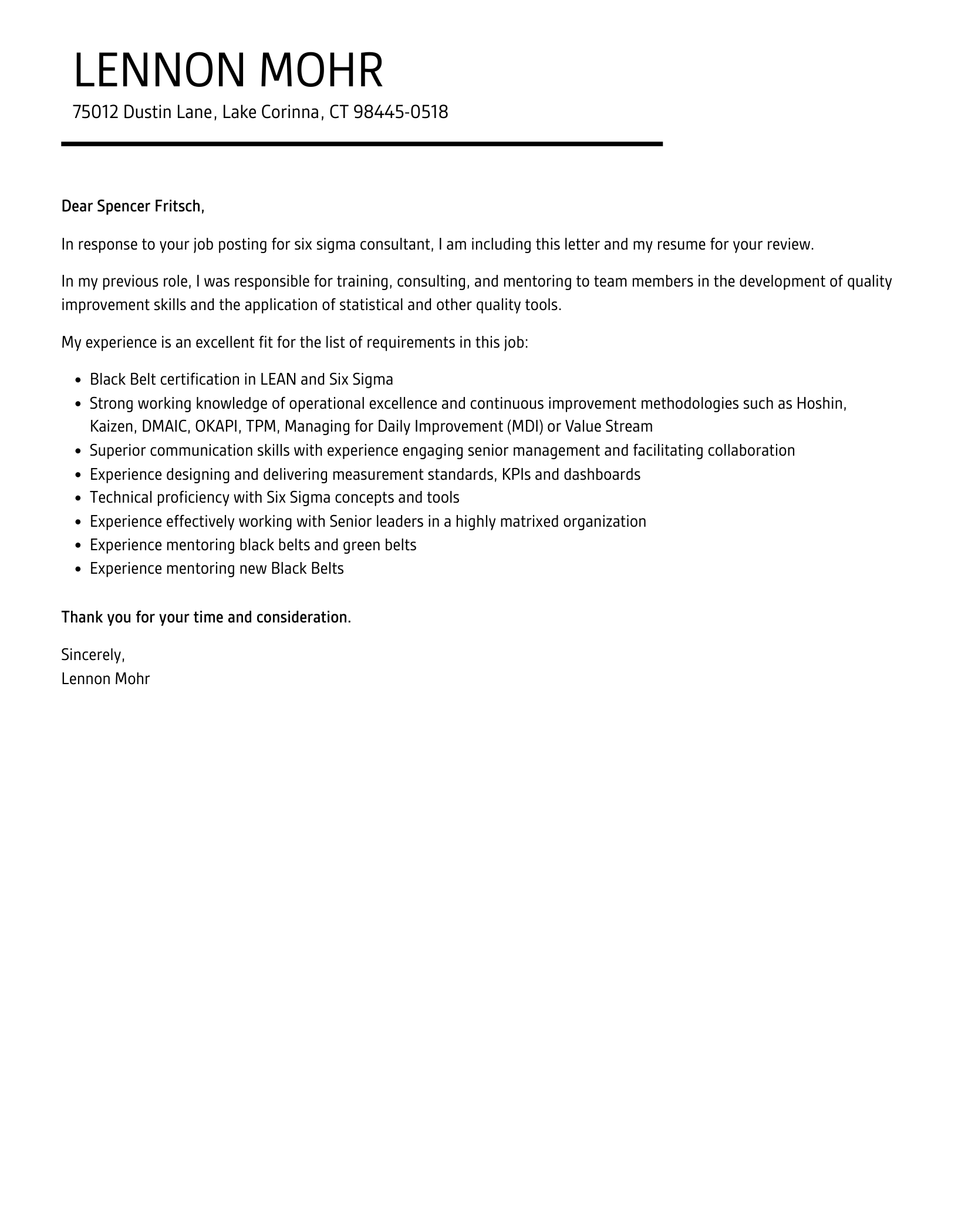 Six Sigma Consultant Cover Letter Velvet Jobs