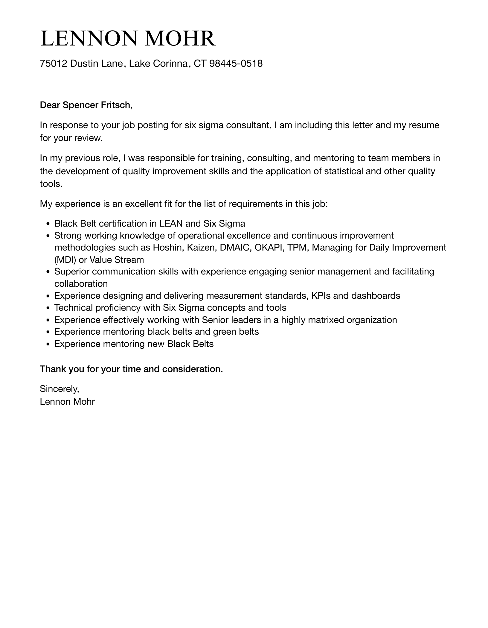 Six Sigma Consultant Cover Letter Velvet Jobs