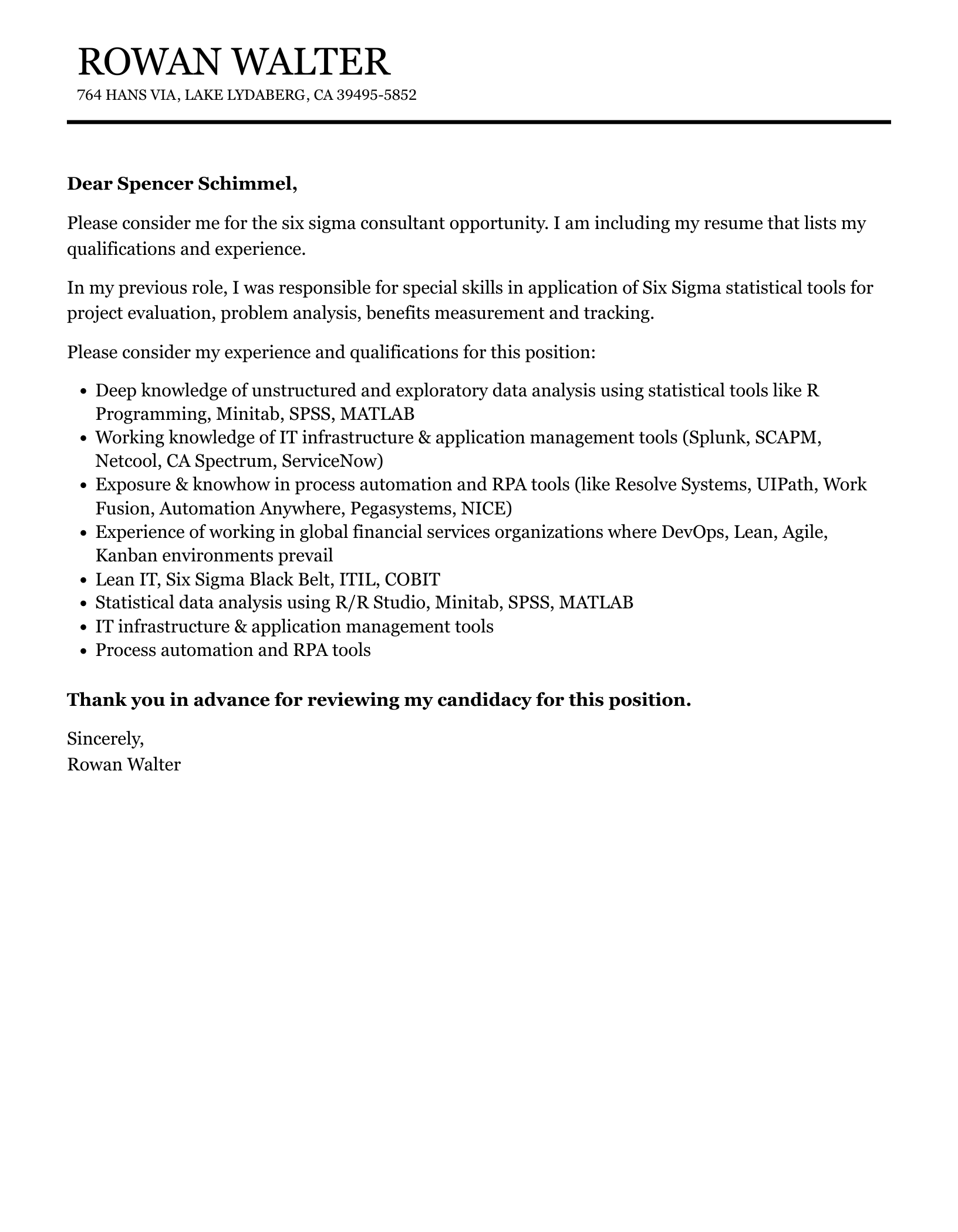 Six Sigma Consultant Cover Letter Velvet Jobs