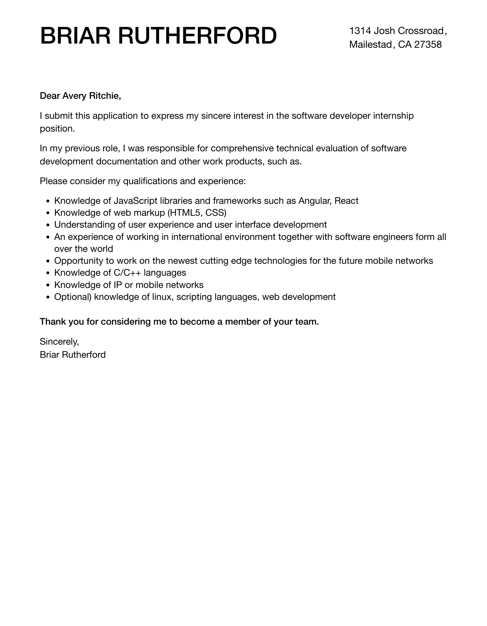 Software Developer Internship Cover Letter Velvet Jobs