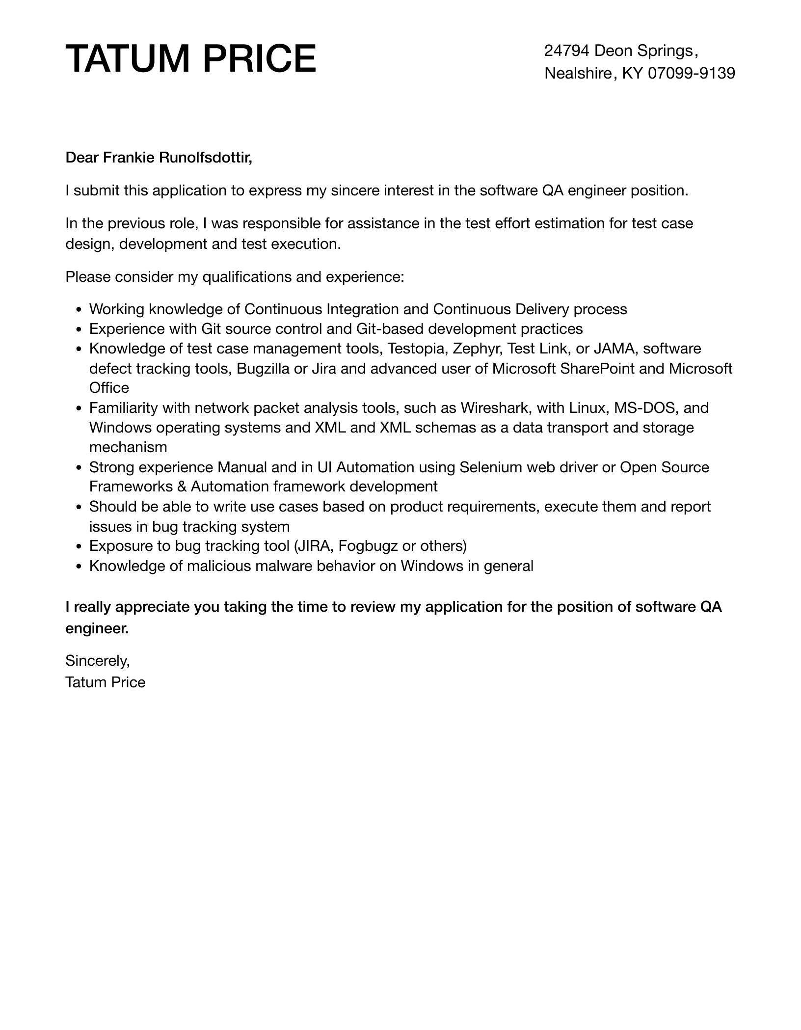Software QA Engineer Cover Letter Velvet Jobs