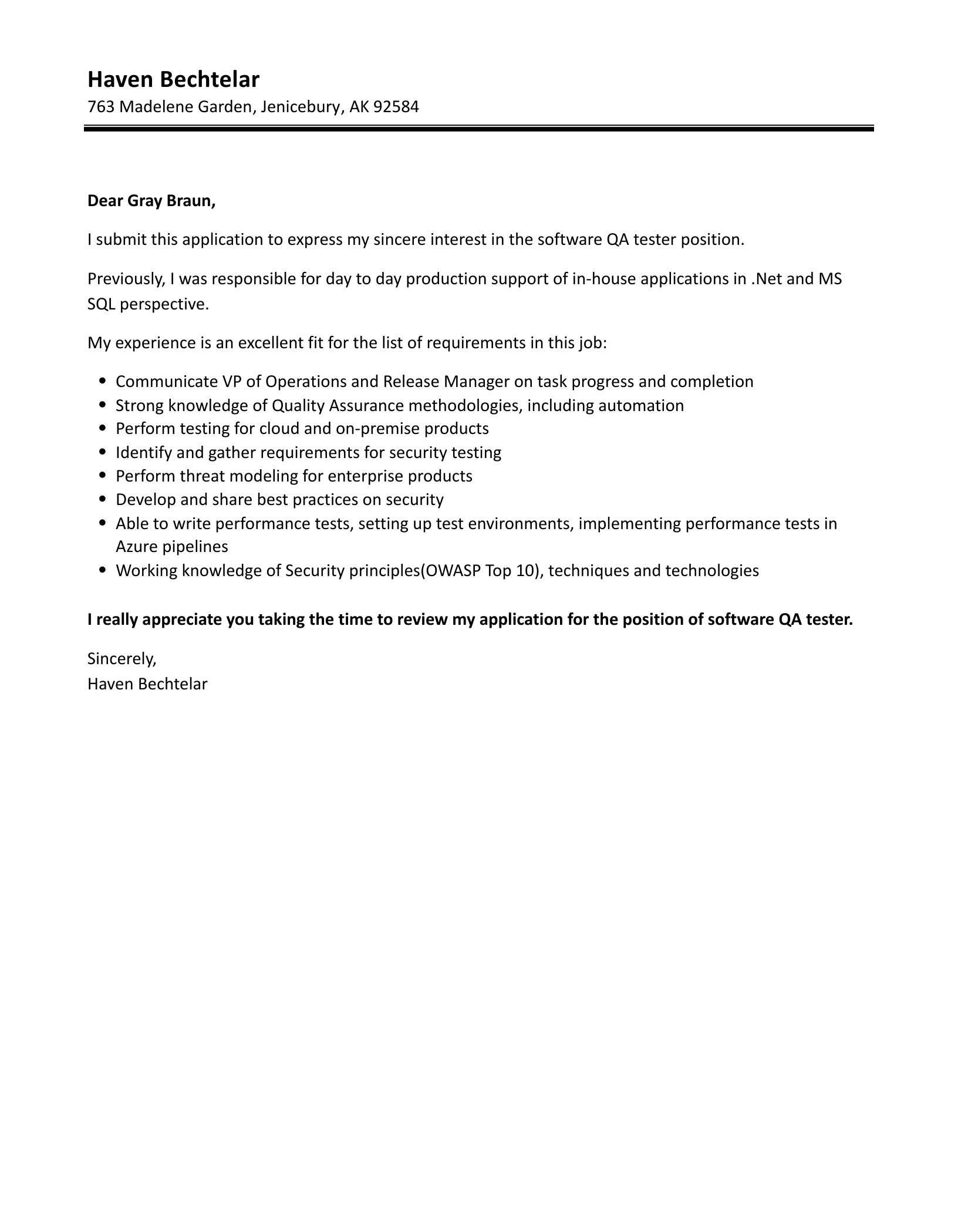Software QA Tester Cover Letter Velvet Jobs