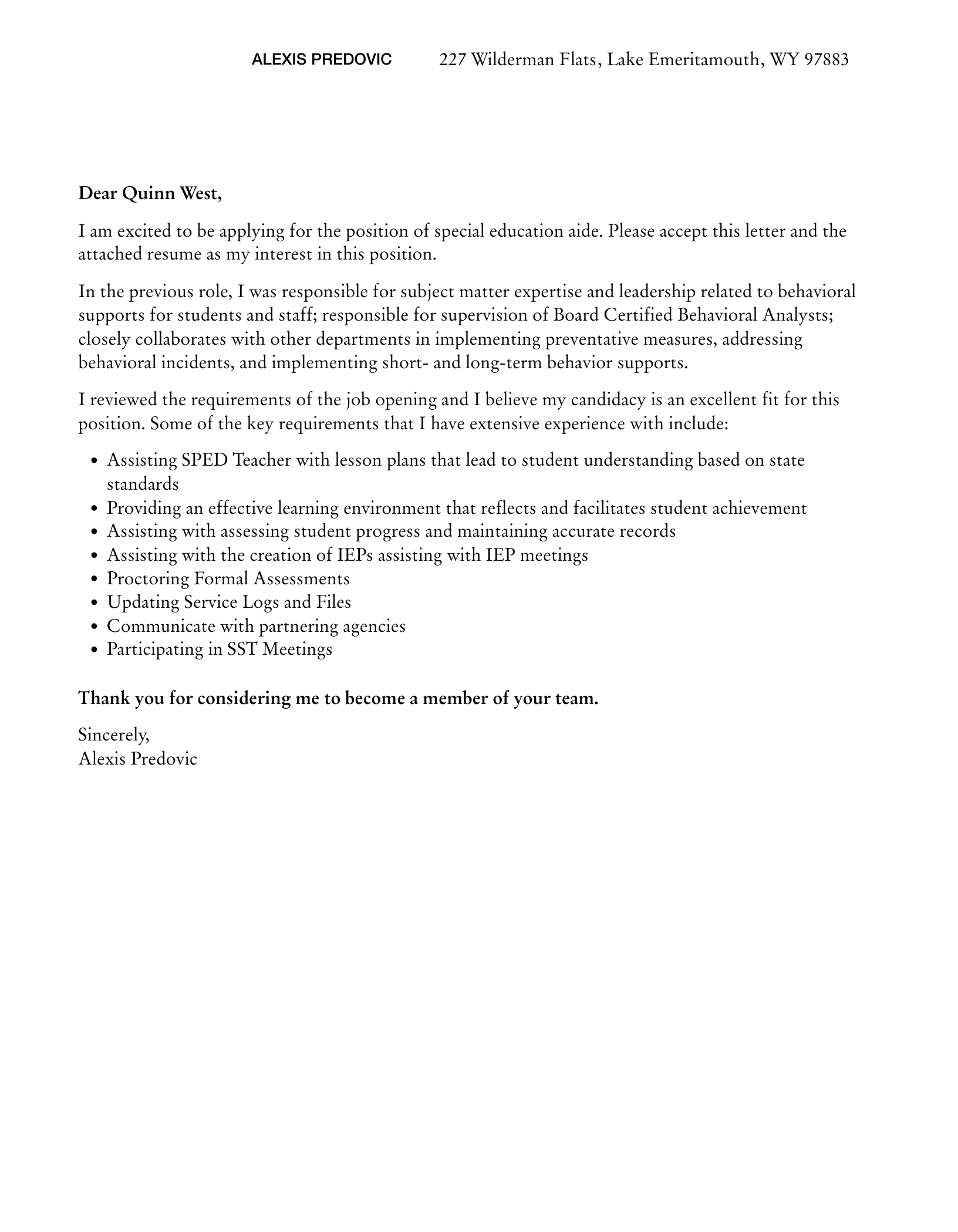 Special Education Aide Cover Letter Velvet Jobs