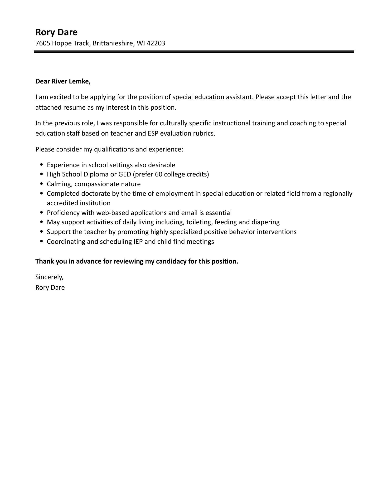 Special Education Assistant Cover Letter Velvet Jobs