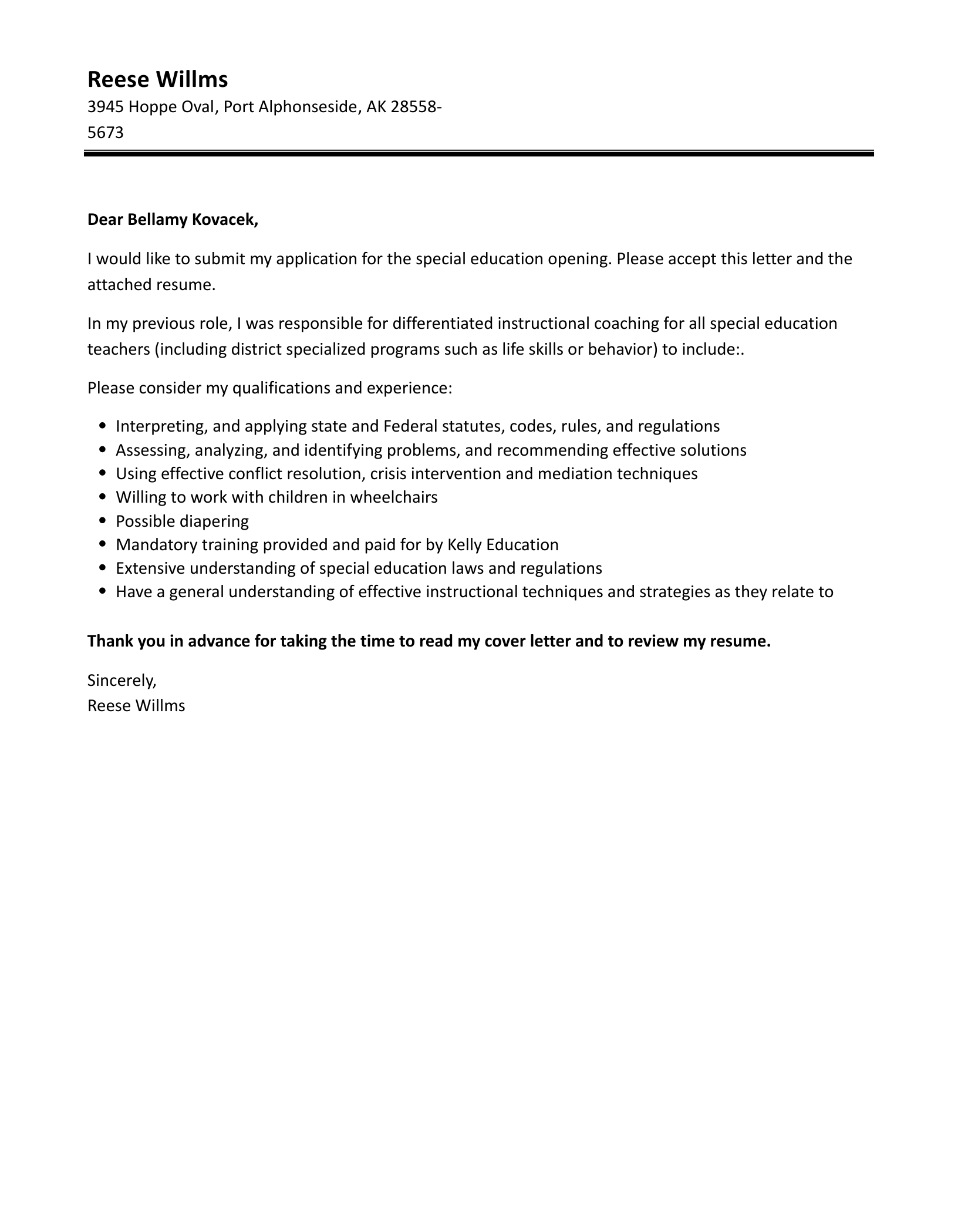 Special Education Cover Letter Velvet Jobs