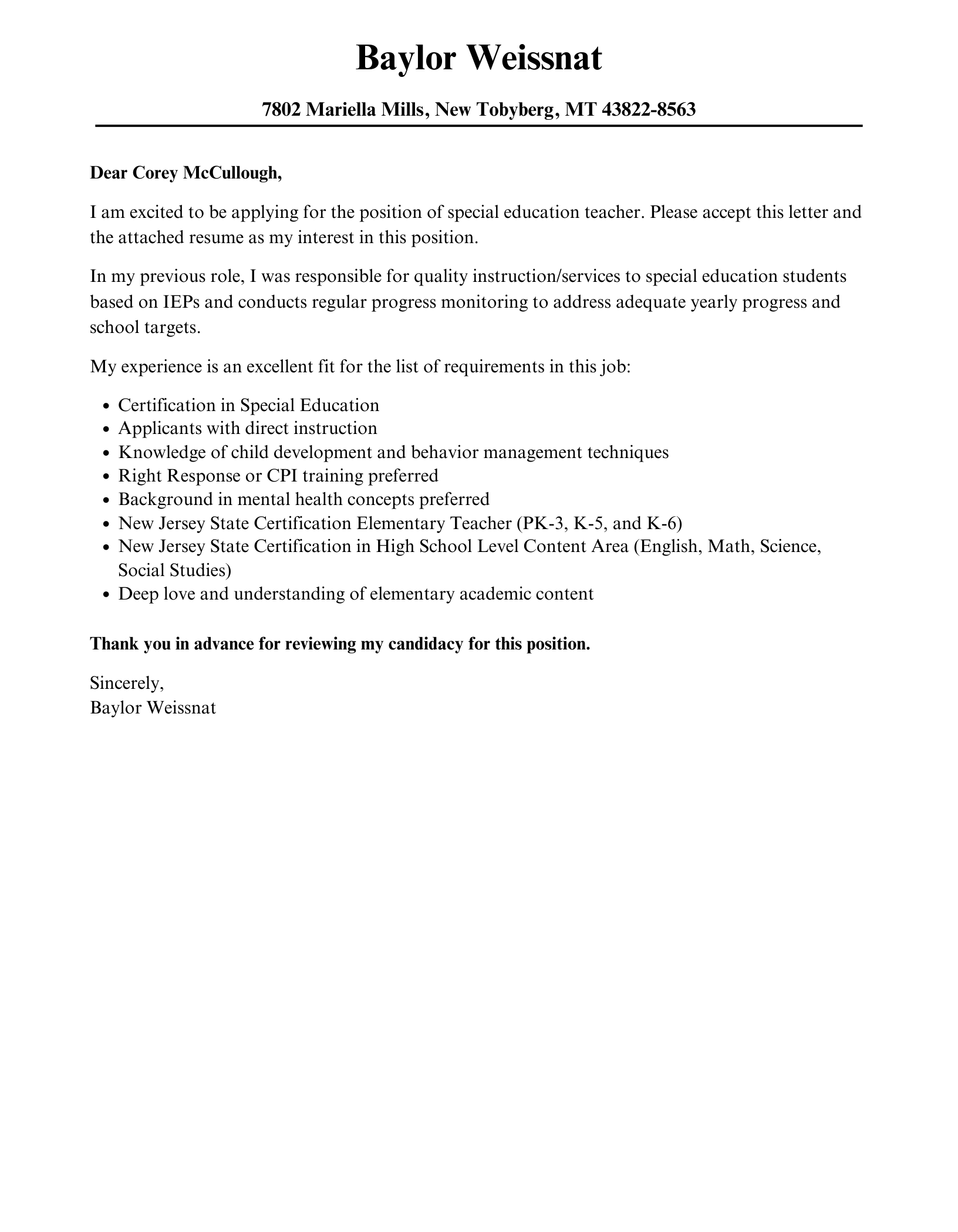 Special Education Teacher Cover Letter Velvet Jobs