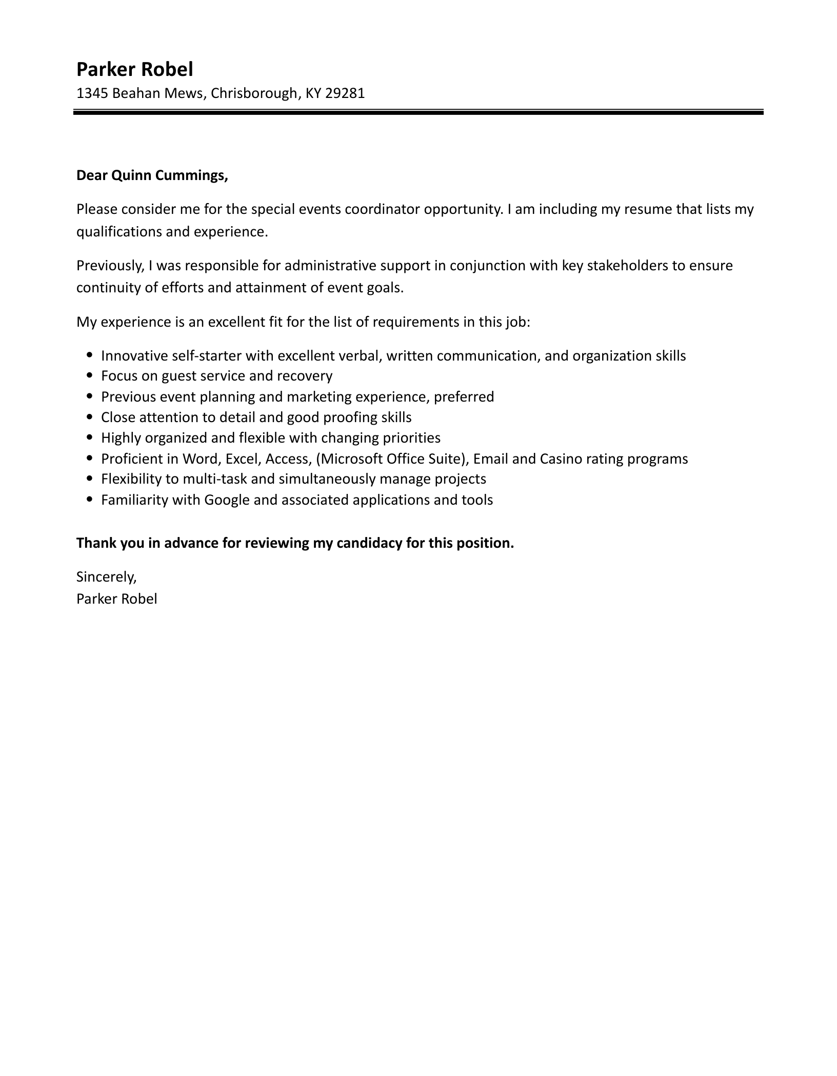 Special Events Coordinator Cover Letter Velvet Jobs