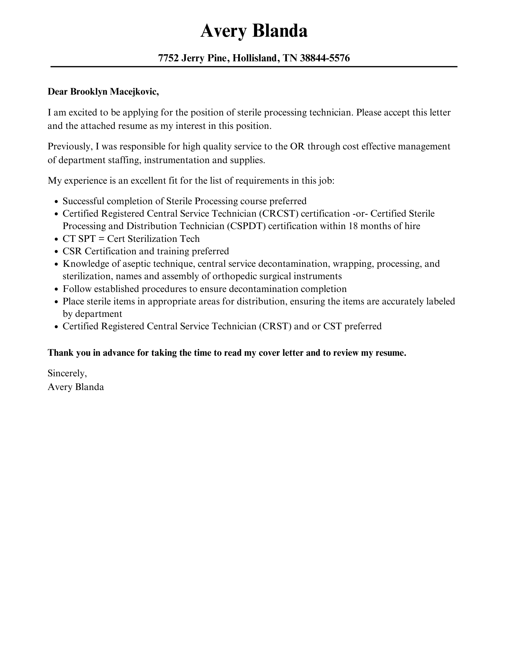 Sterile Processing Technician Cover Letter Velvet Jobs