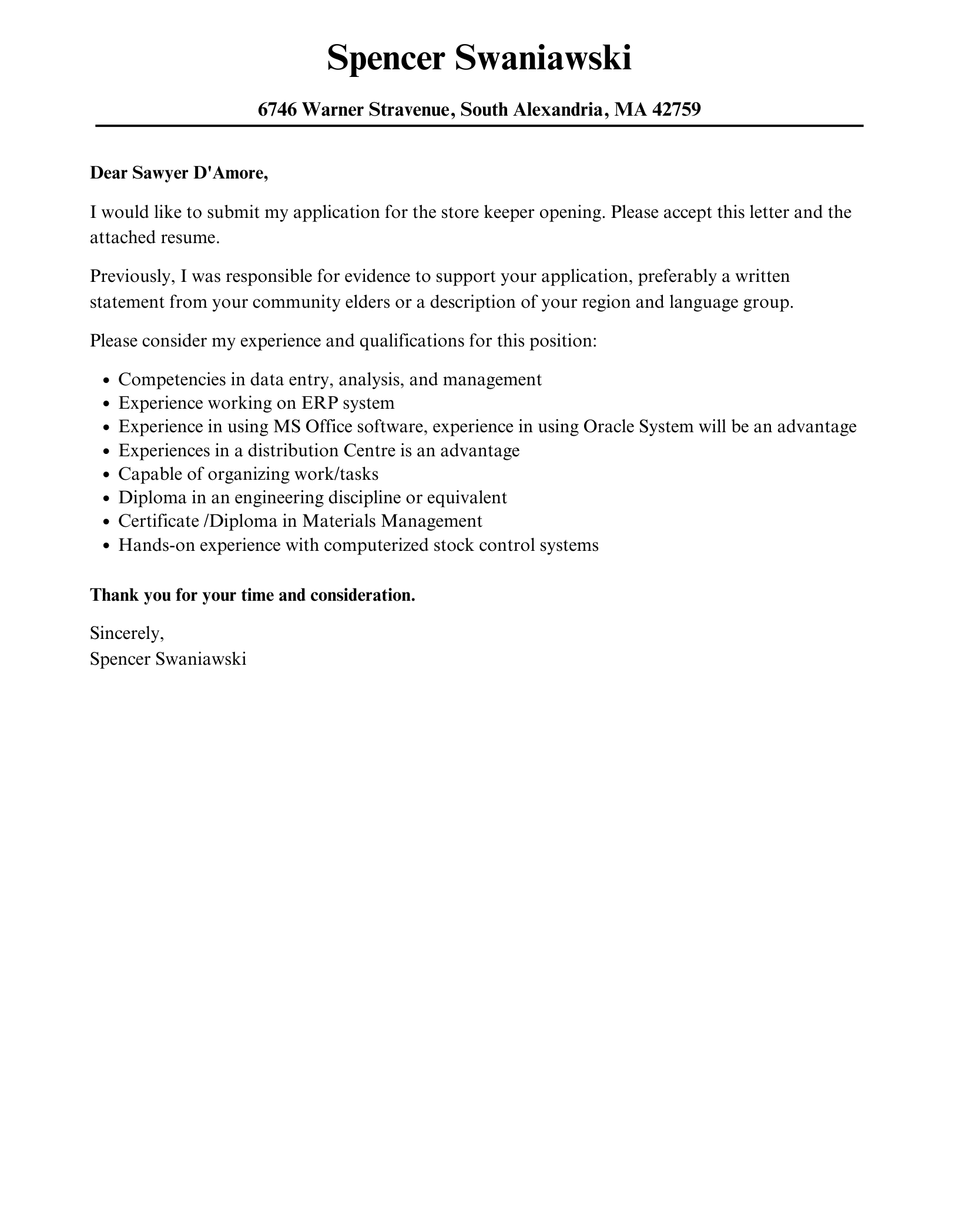 Store Keeper Cover Letter Velvet Jobs