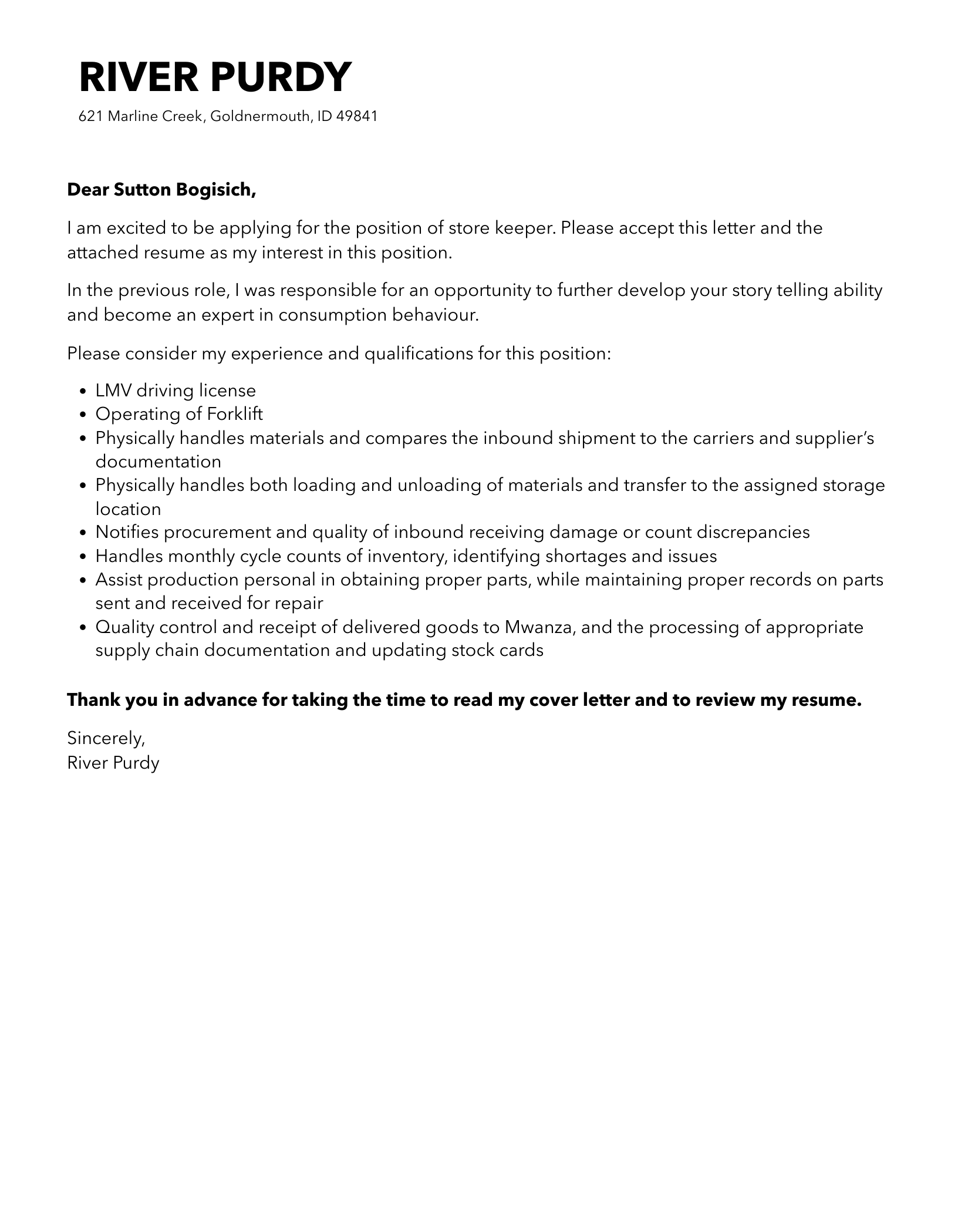 Application Letter For Storekeeper Without Experience Self Description 