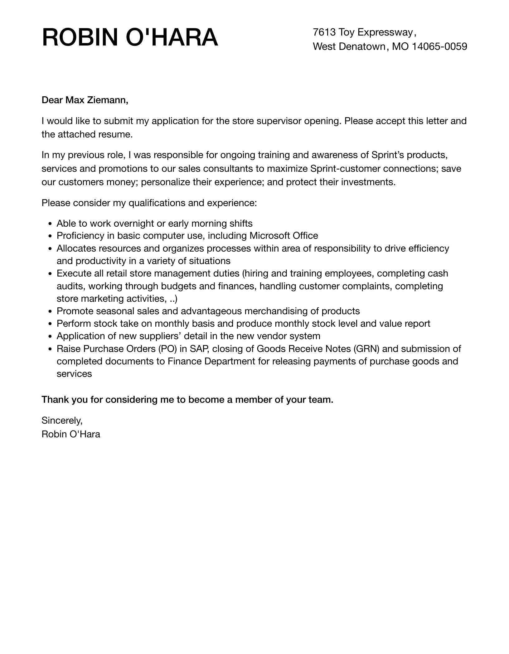 Store Supervisor Cover Letter Velvet Jobs