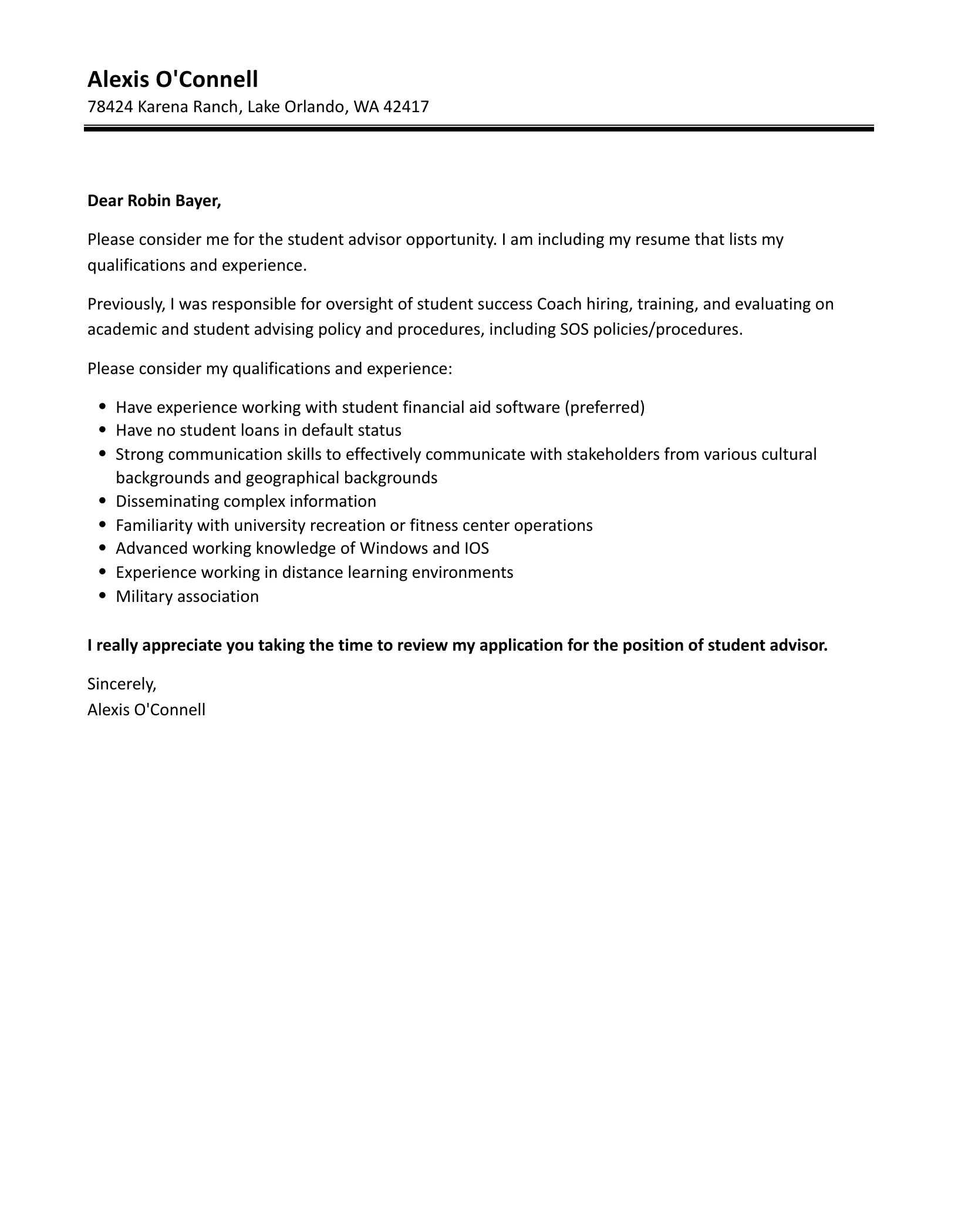 Student Advisor Cover Letter Velvet Jobs