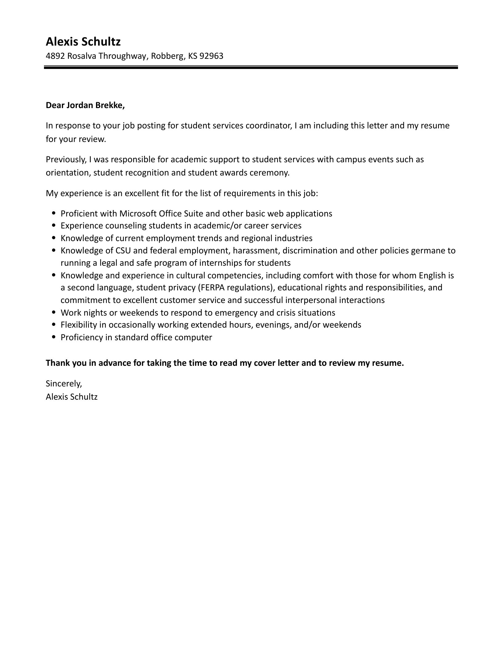 Student Services Coordinator Cover Letter Velvet Jobs