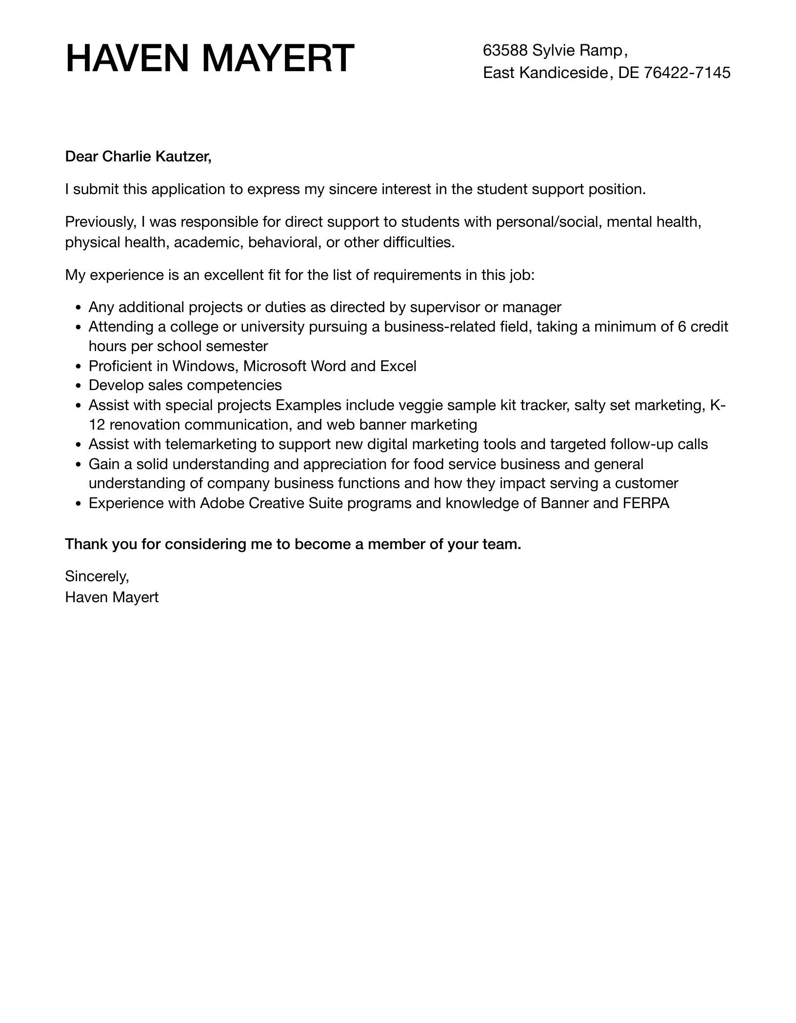 Student Support Cover Letter Velvet Jobs