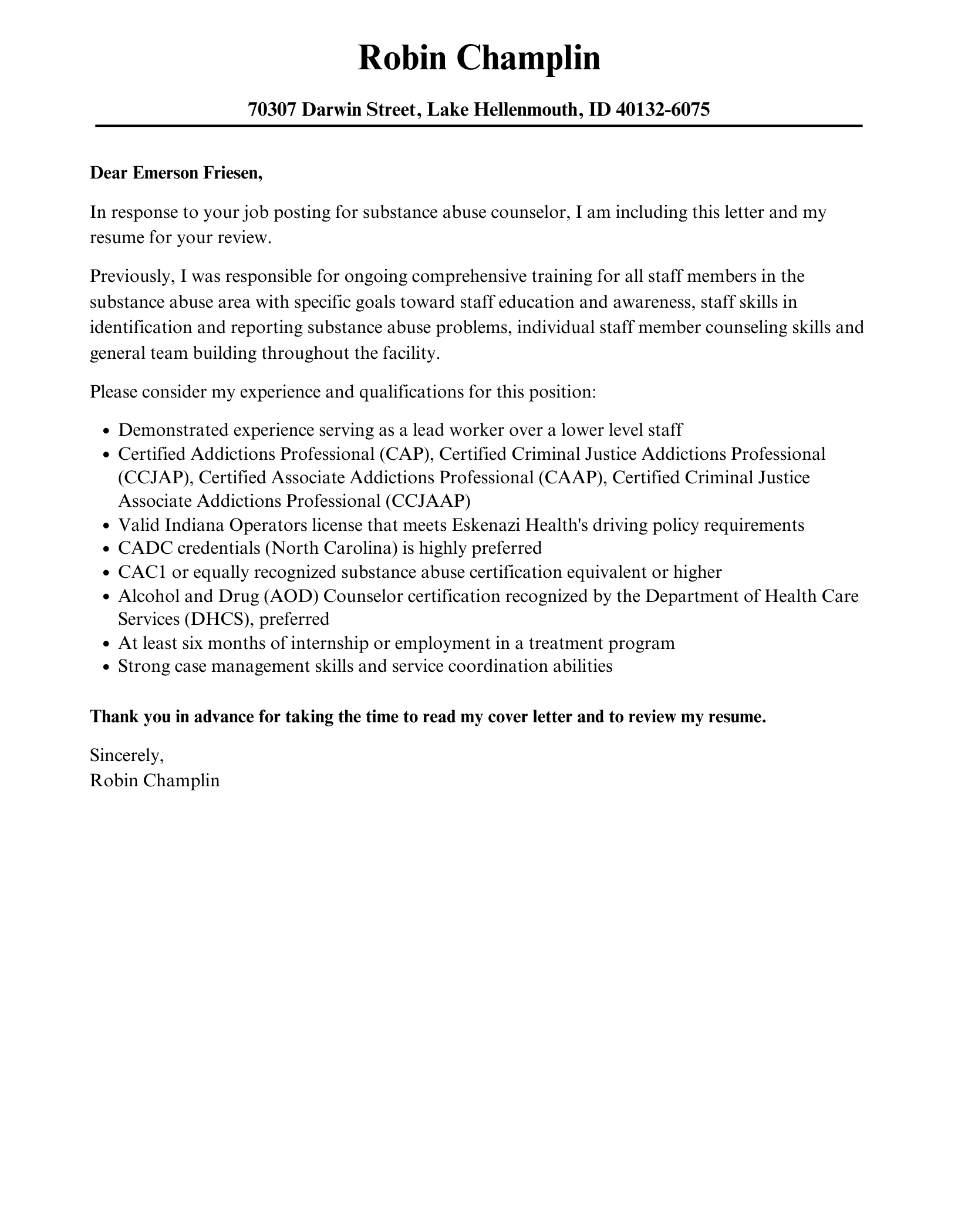 Substance Abuse Counselor Cover Letter Velvet Jobs