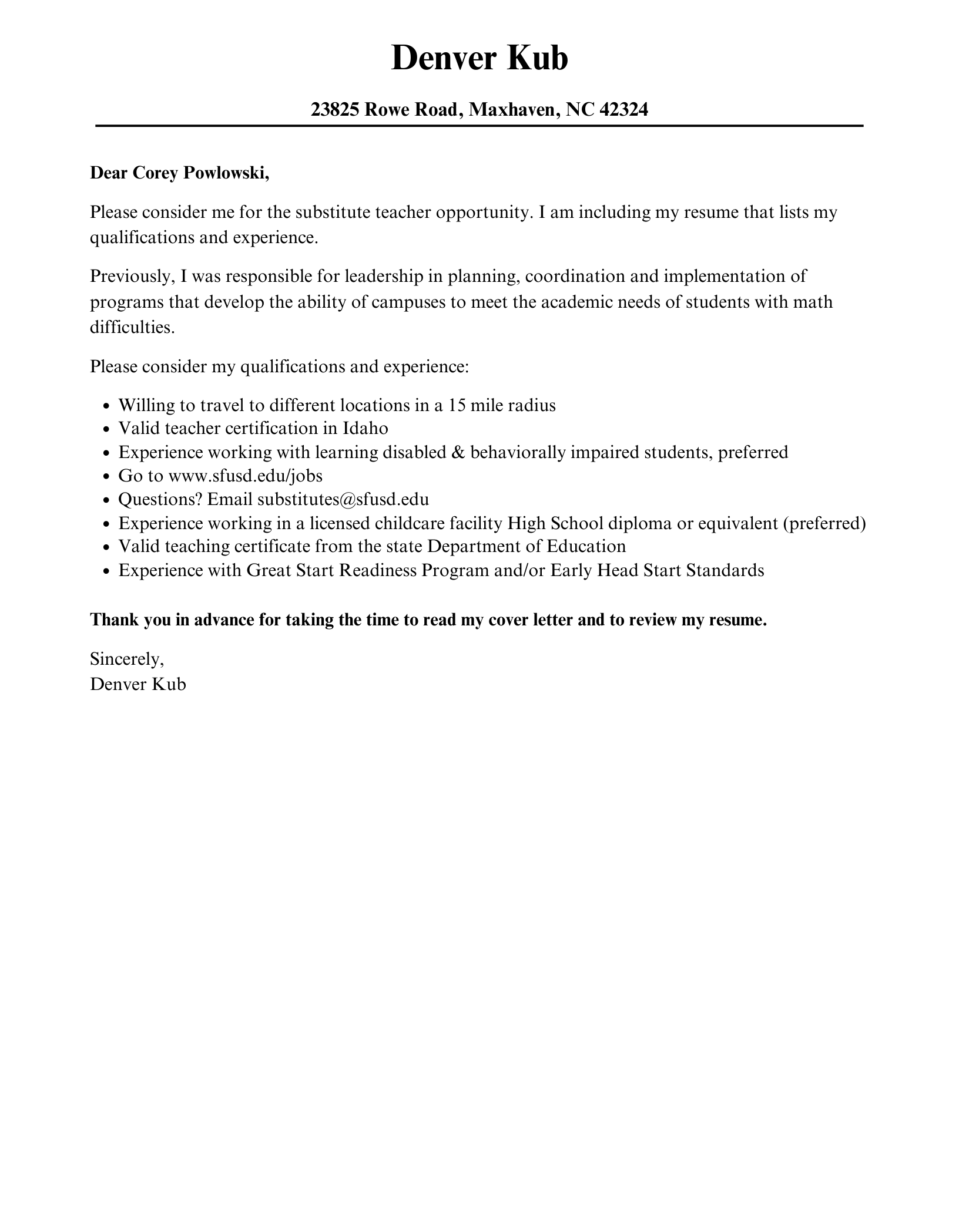 Substitute Teacher Letter