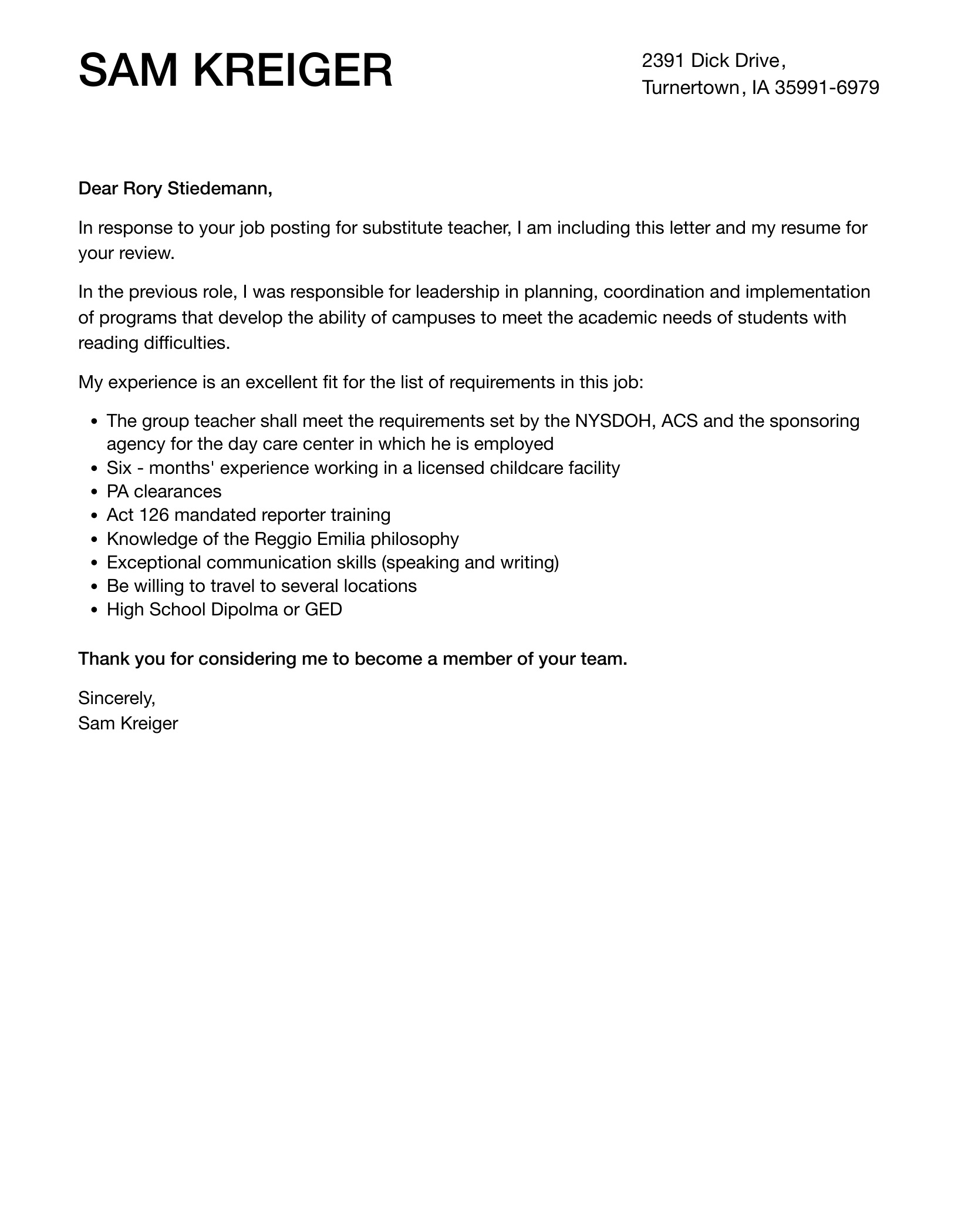 Substitute Teacher Cover Letter Velvet Jobs