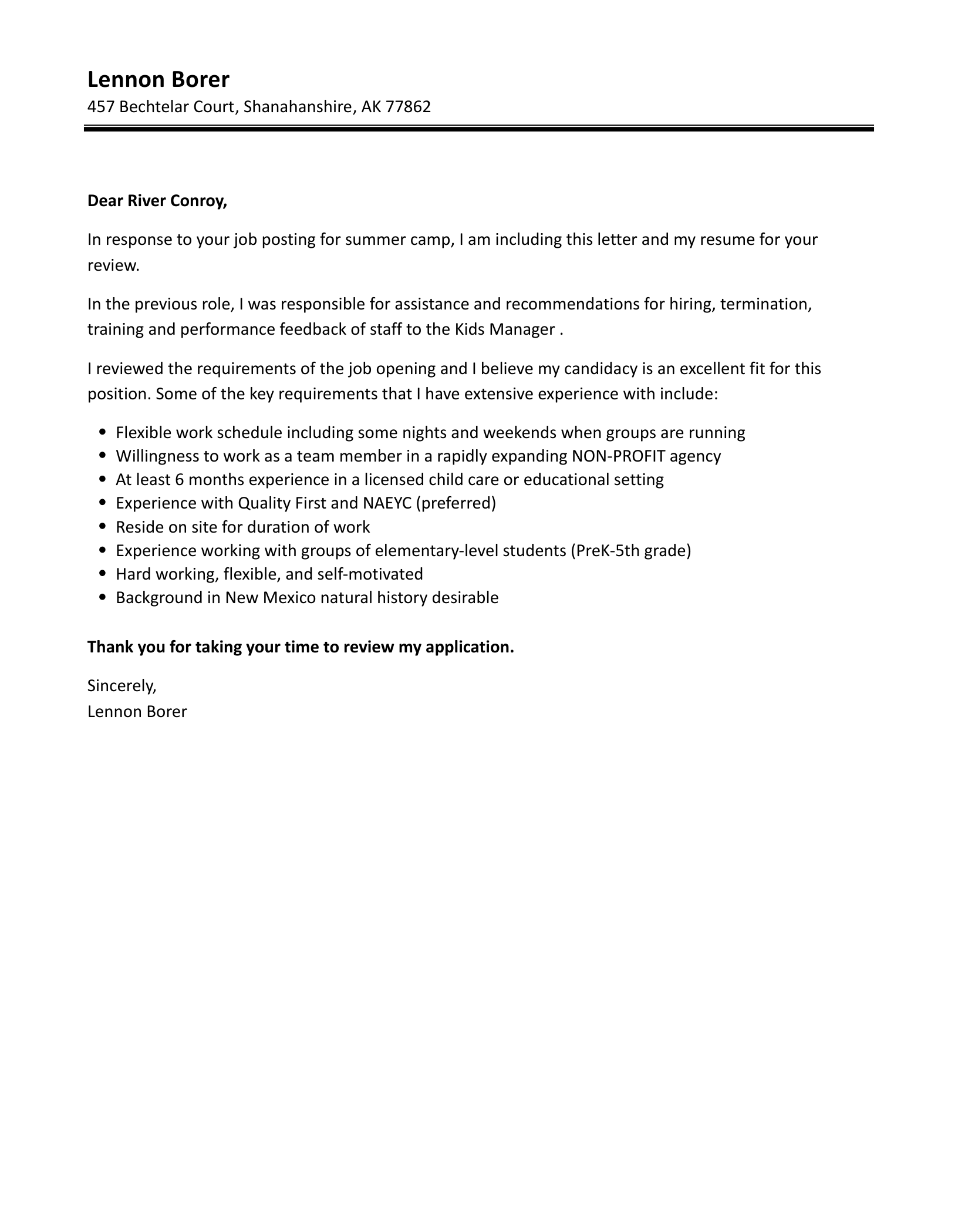 Summer Camp Cover Letter Velvet Jobs