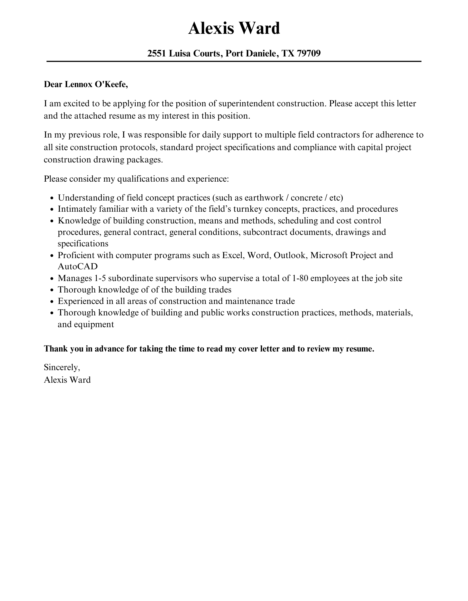 Superintendent Construction Cover Letter Velvet Jobs