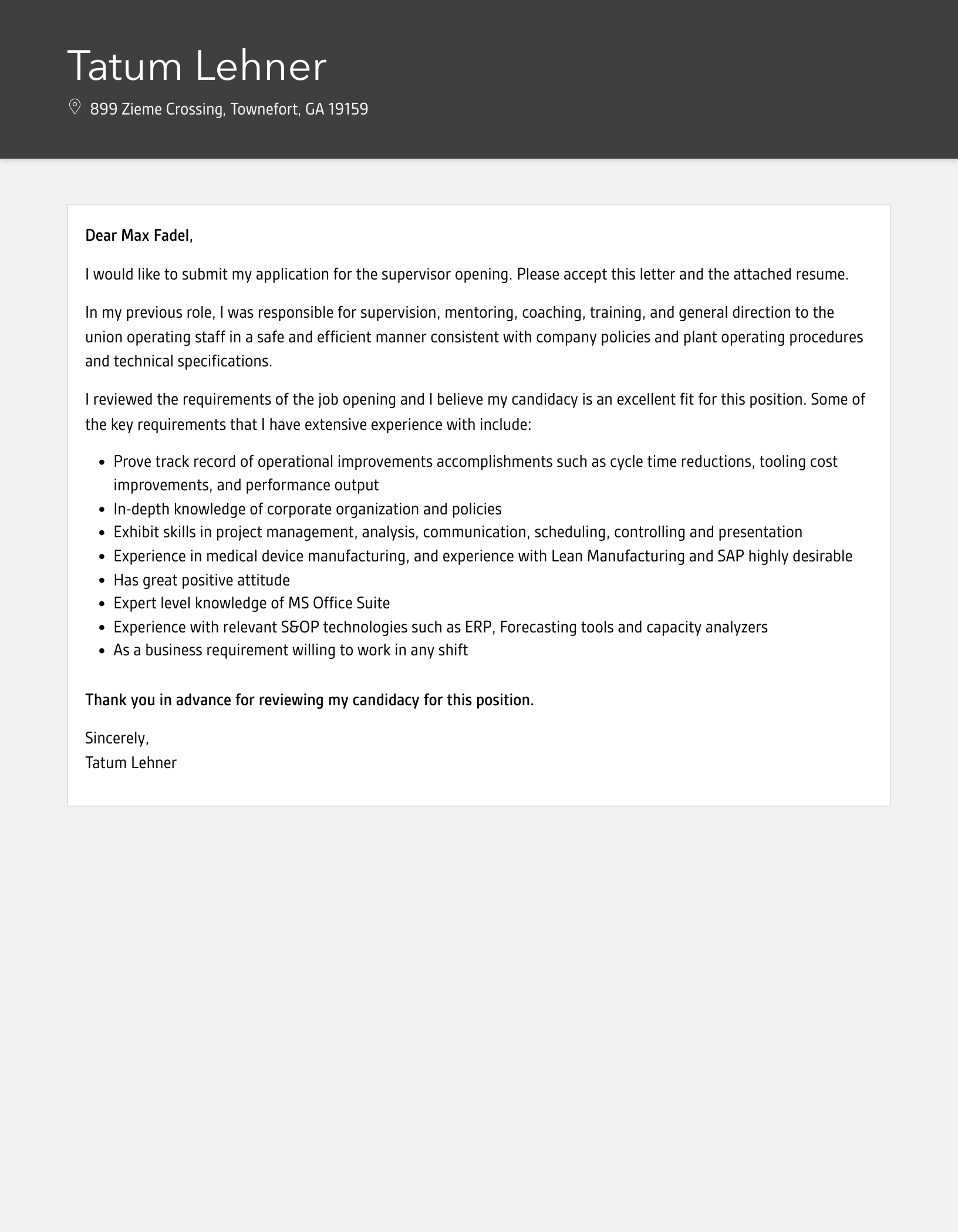 Supervisor Cover Letter Velvet Jobs
