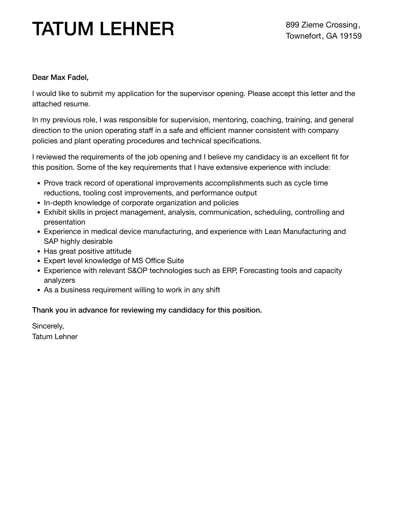 Supervisor Cover Letter Velvet Jobs