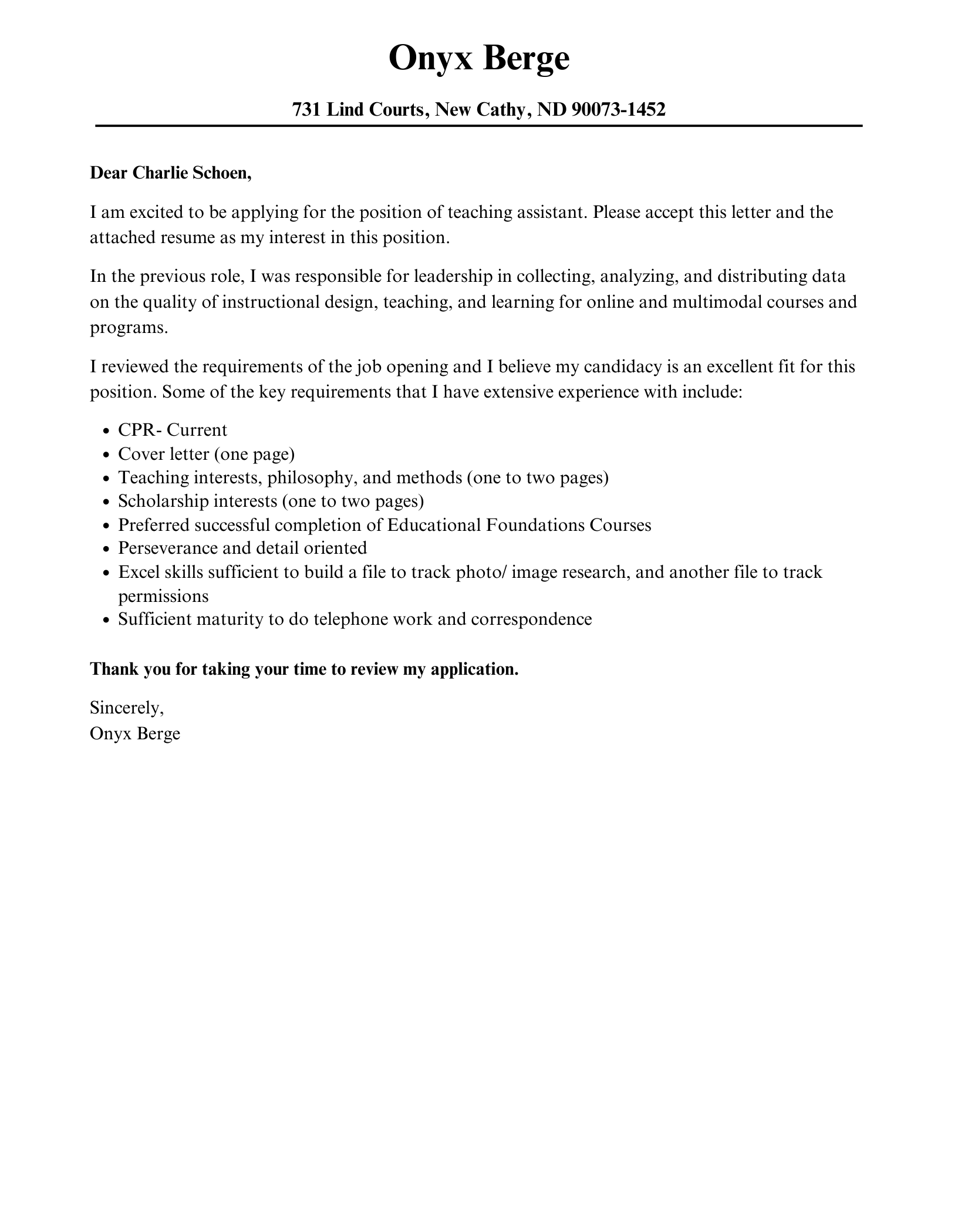 Covering Letter For A Teaching Assistant