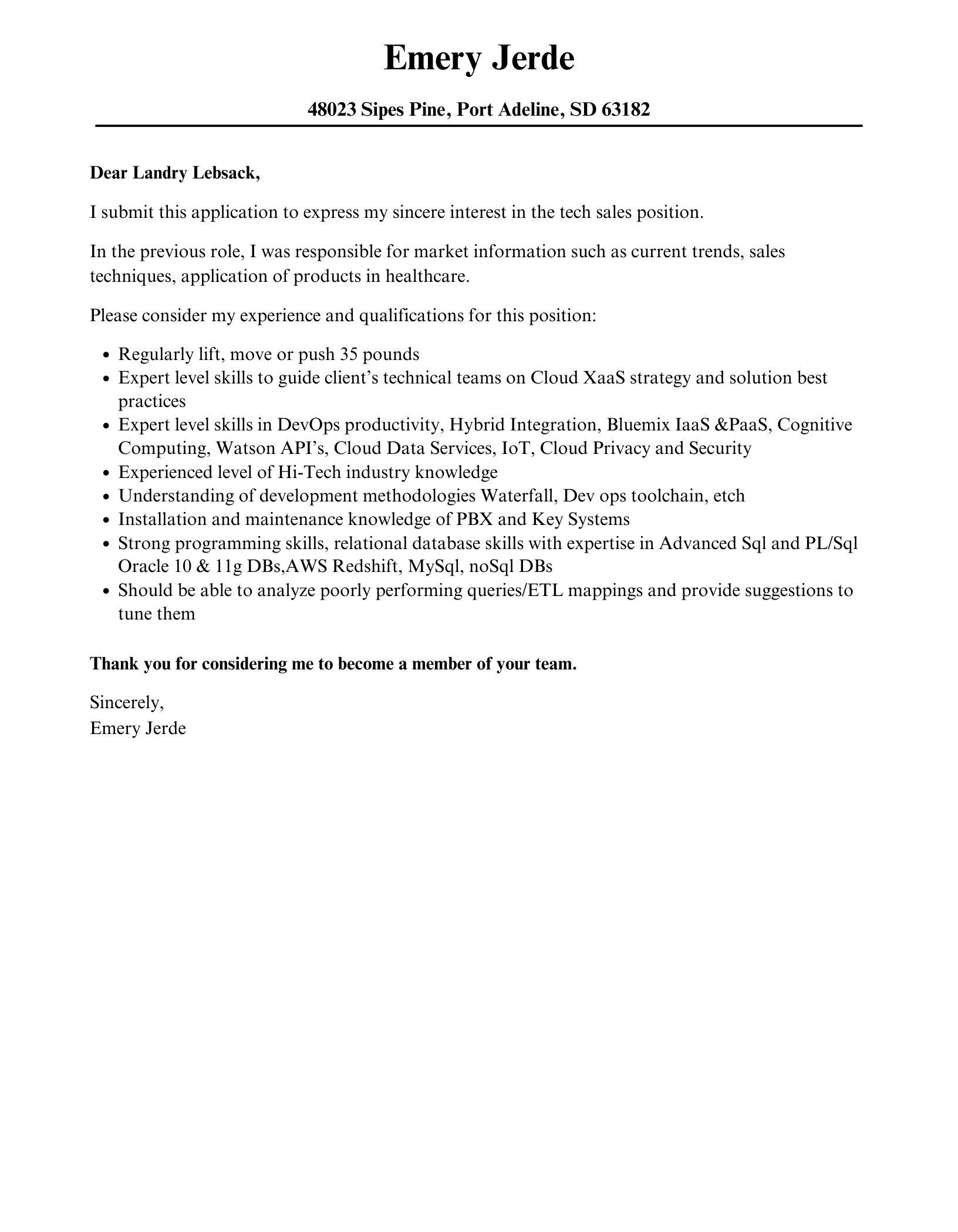 Tech Sales Cover Letter Velvet Jobs