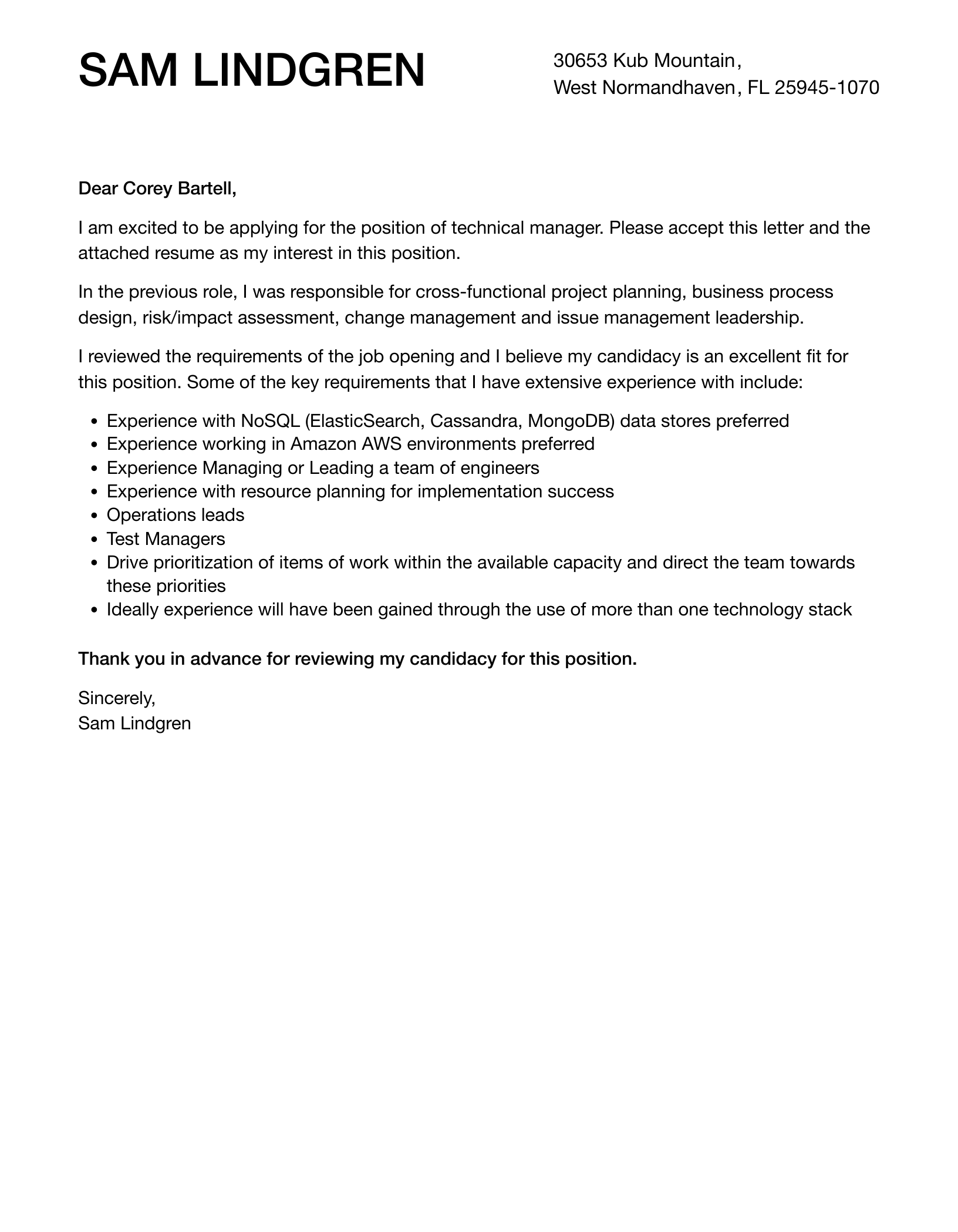 Technical Manager Cover Letter Velvet Jobs