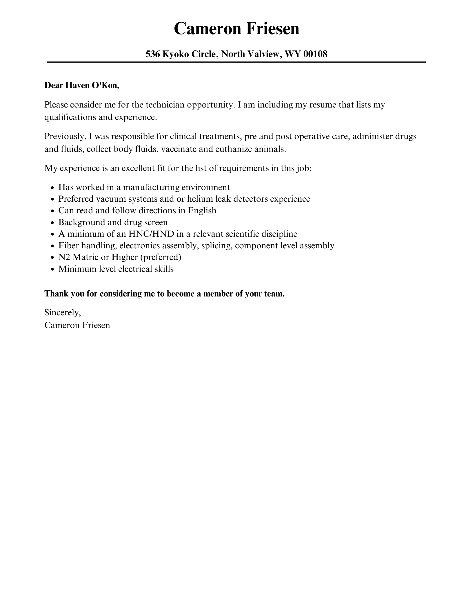 Technician Cover Letter Velvet Jobs