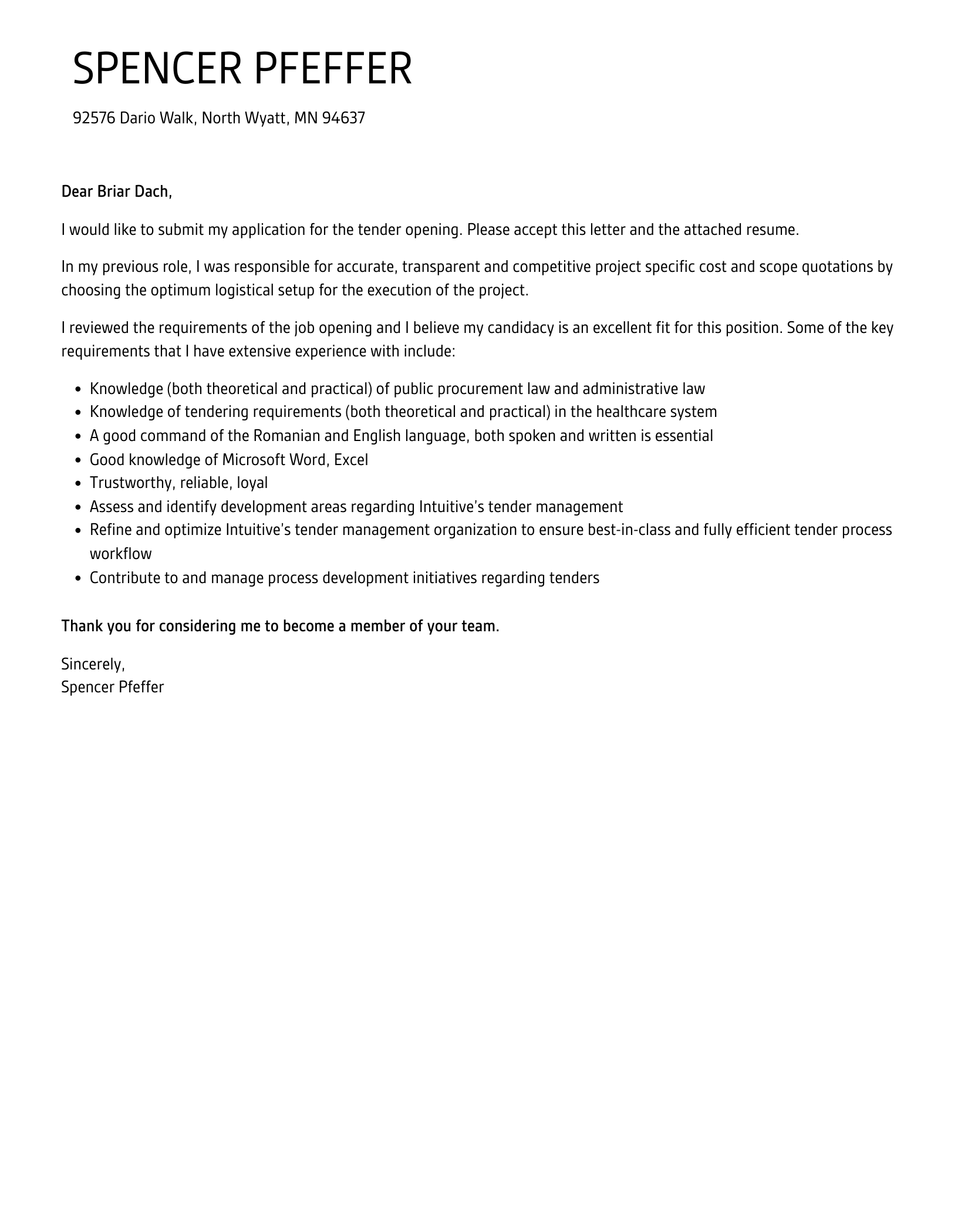 Tender Cover Letter Velvet Jobs