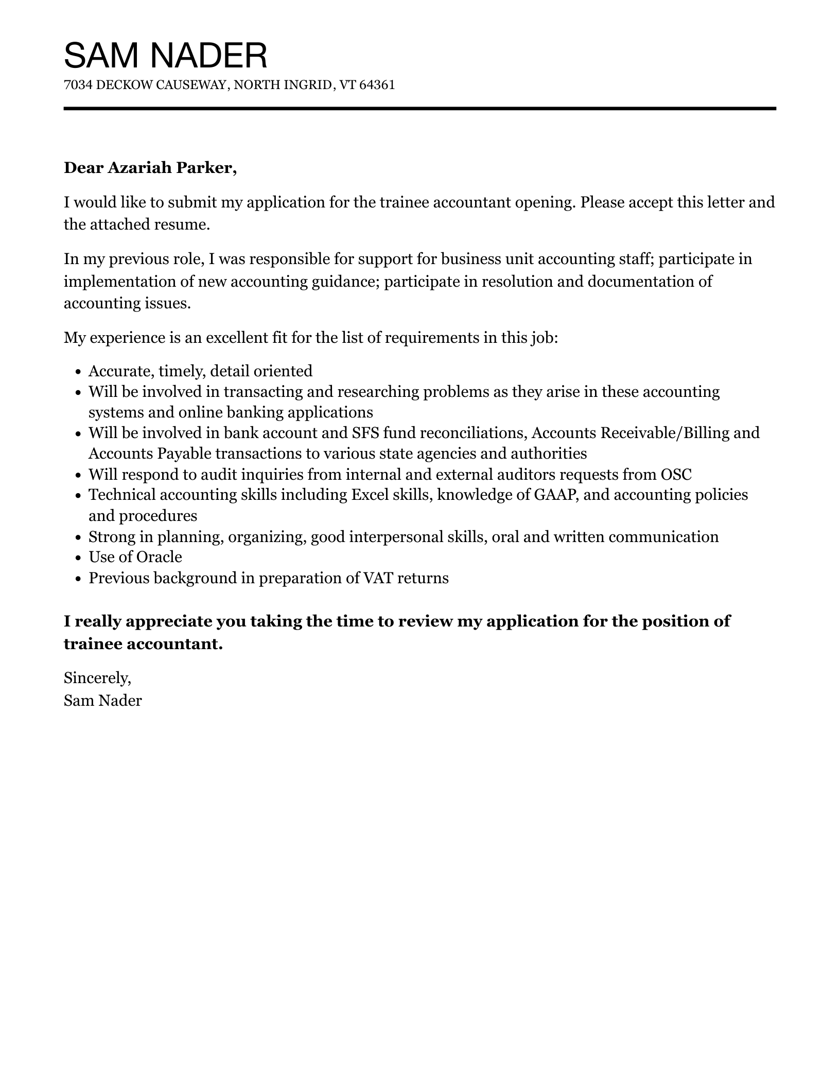 Trainee Accountant Cover Letter Velvet Jobs