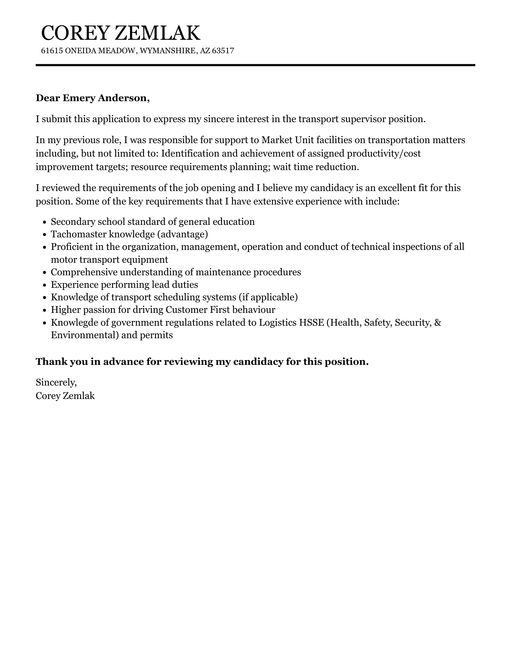 Transport Supervisor Cover Letter Velvet Jobs
