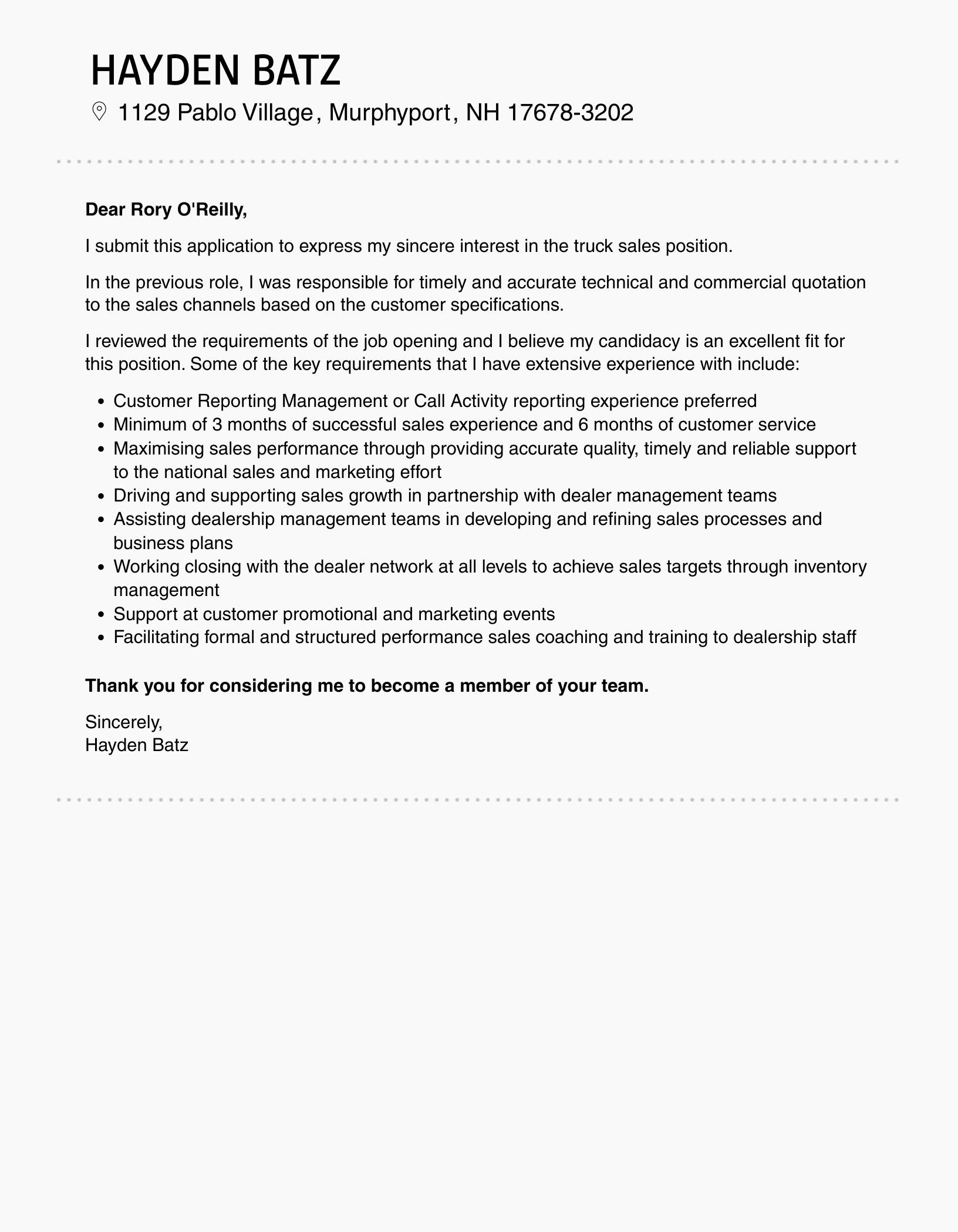 Truck Sales Cover Letter Velvet Jobs