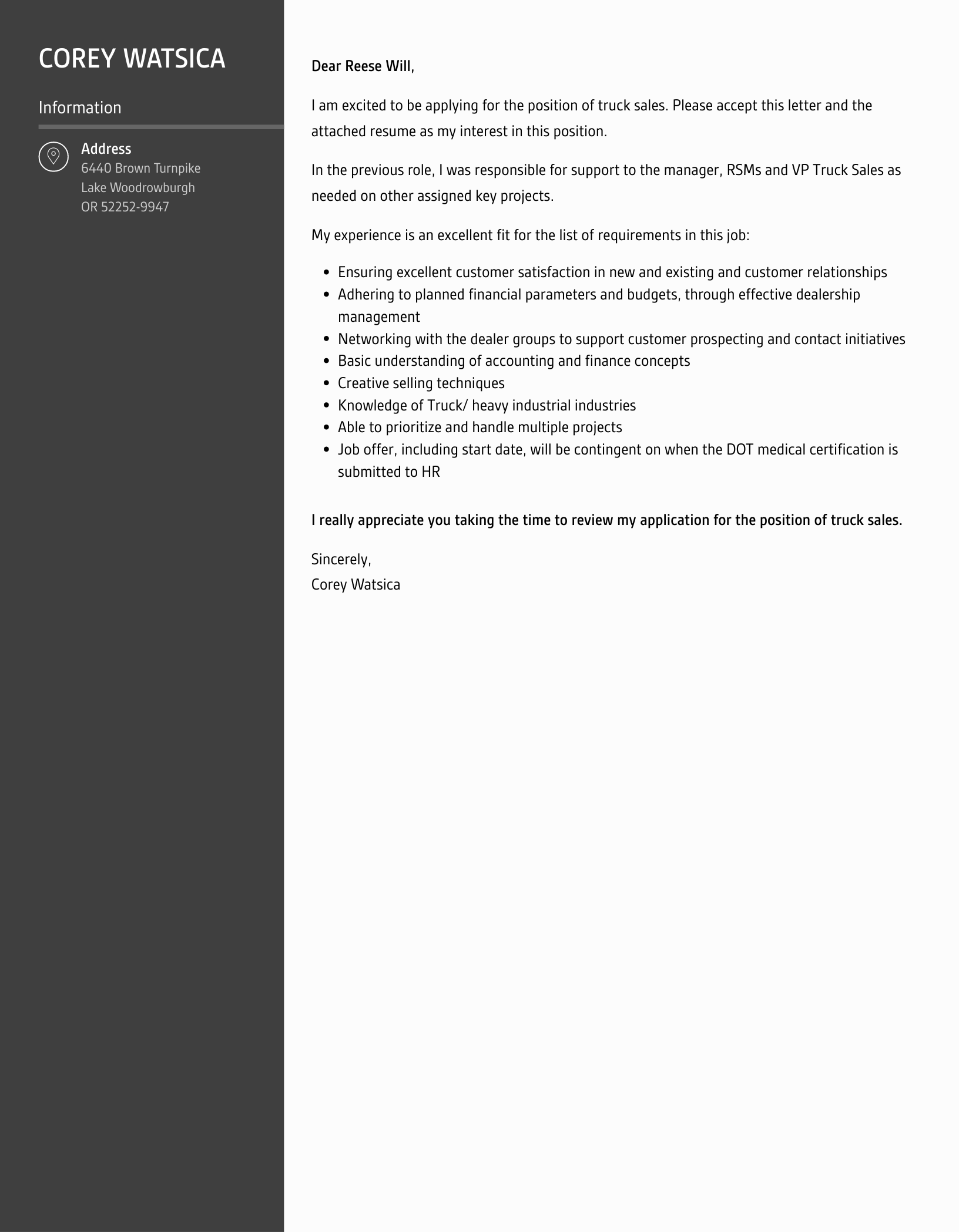 Truck Sales Cover Letter Velvet Jobs
