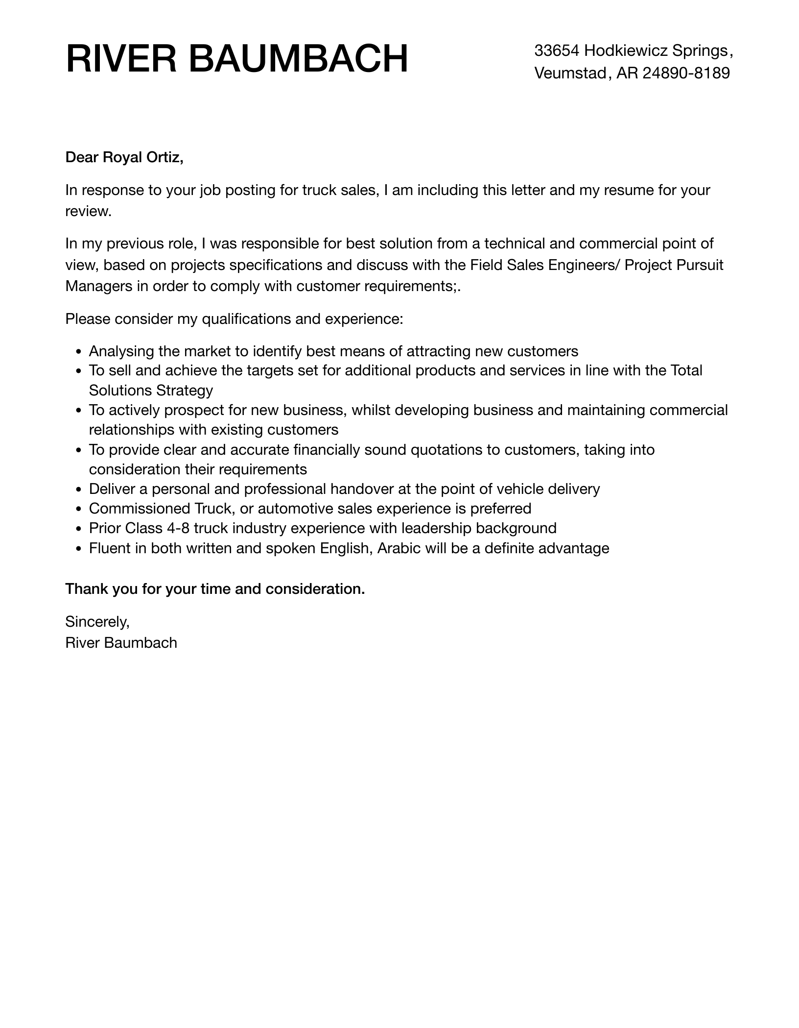 Truck Sales Cover Letter Velvet Jobs