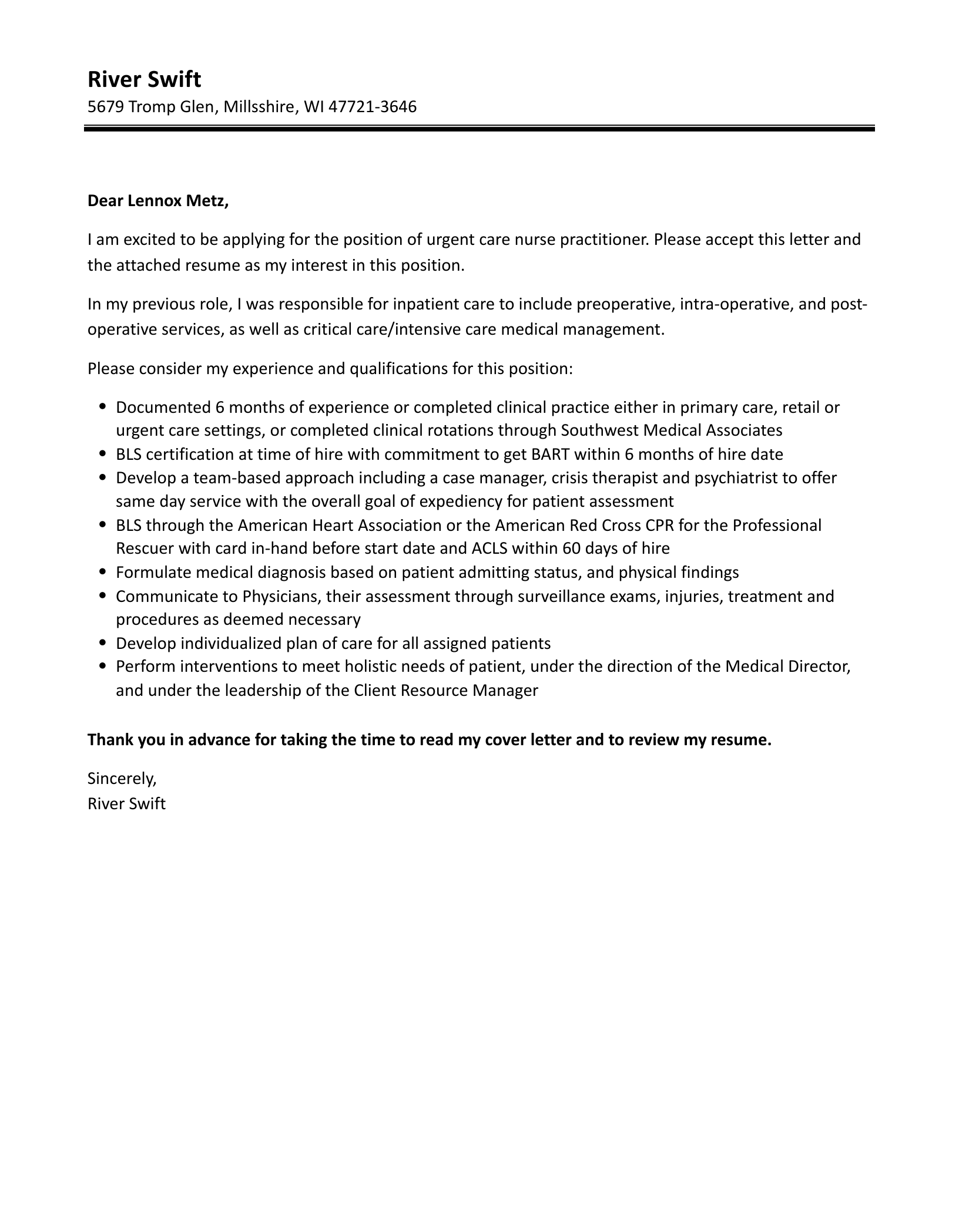 Urgent Care Nurse Practitioner Cover Letter Velvet Jobs