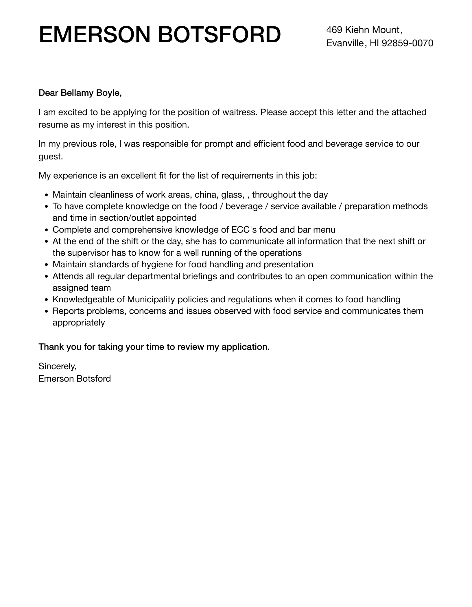 Waitress Cover Letter Velvet Jobs