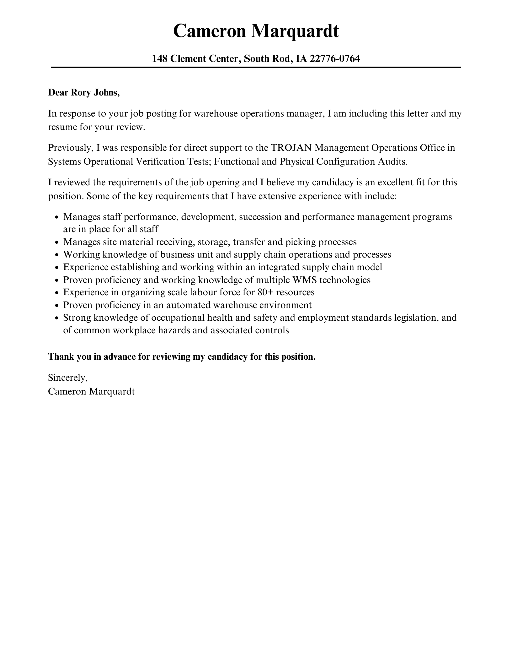 Warehouse Operations Manager Cover Letter Velvet Jobs