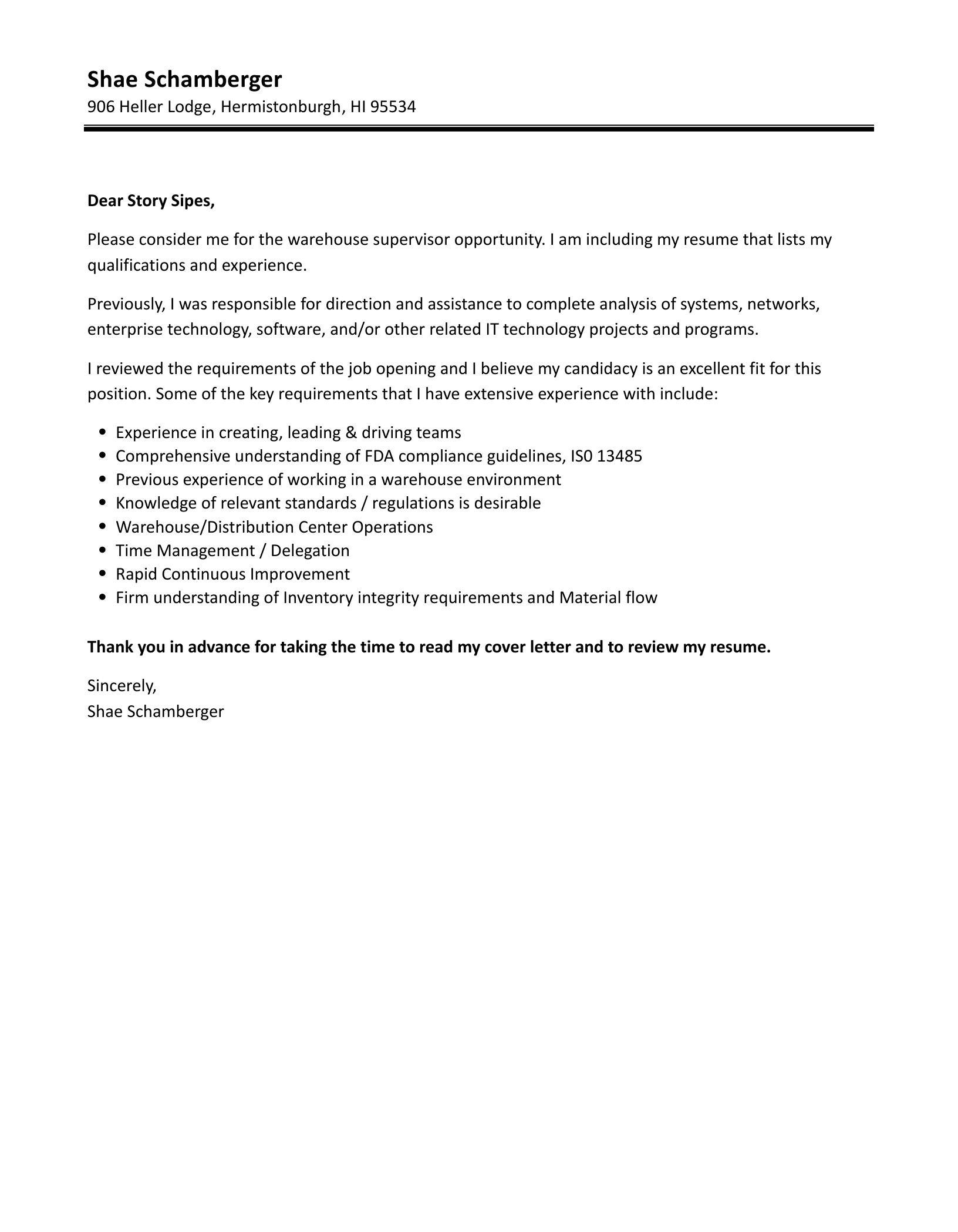 Warehouse Supervisor Cover Letter Velvet Jobs