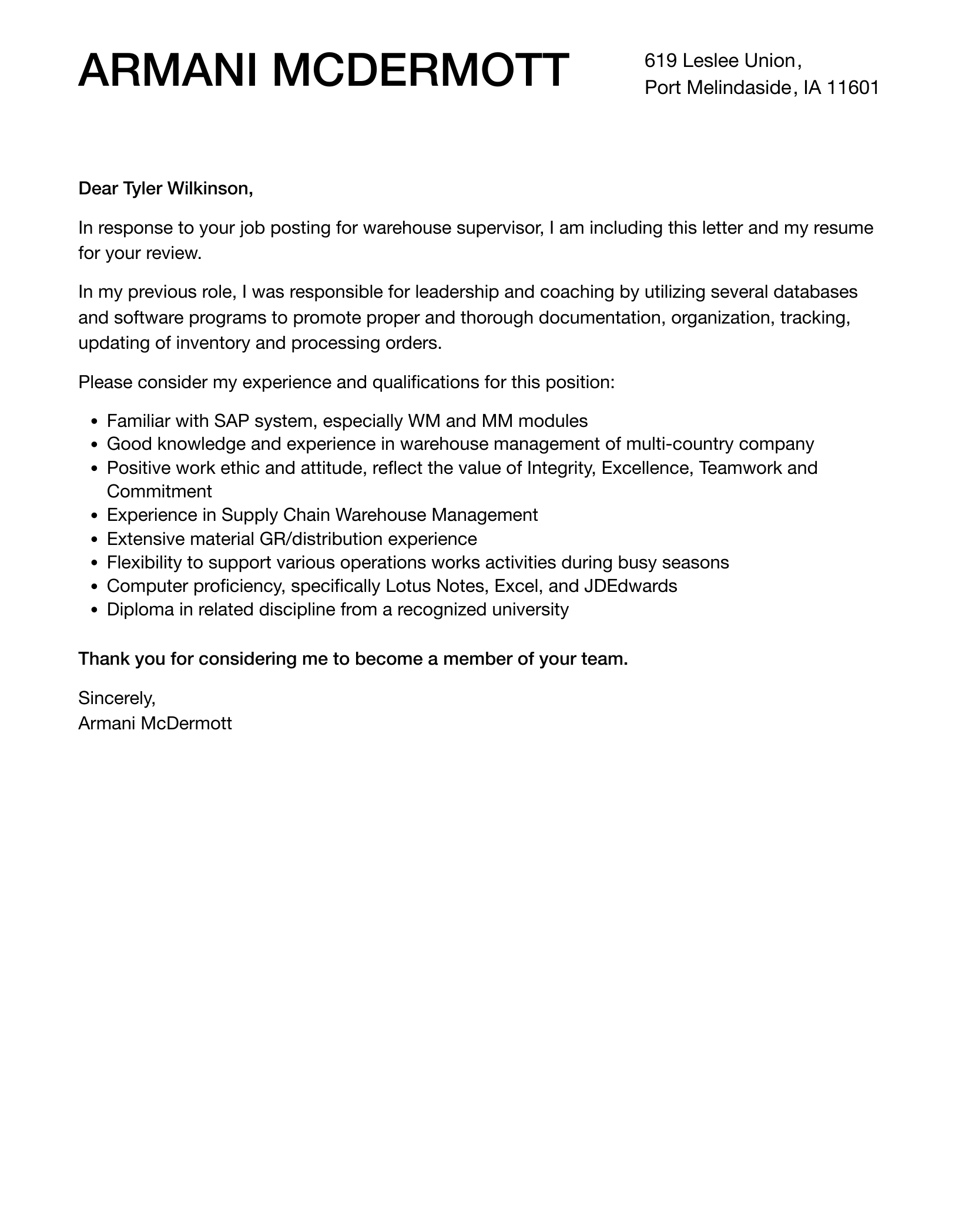 Warehouse Supervisor Cover Letter