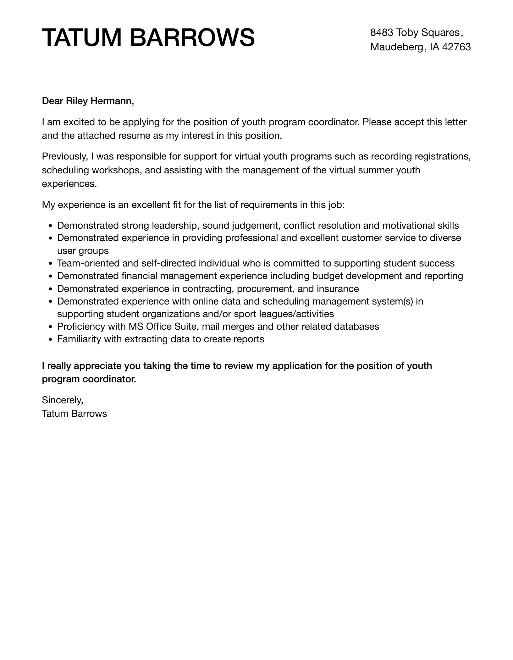 Youth Program Coordinator Cover Letter Velvet Jobs